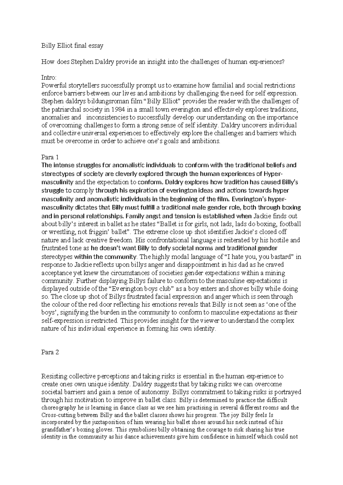 Billy Elliot (ENG 201) Final Essay: Overcoming Societal Challenges ...