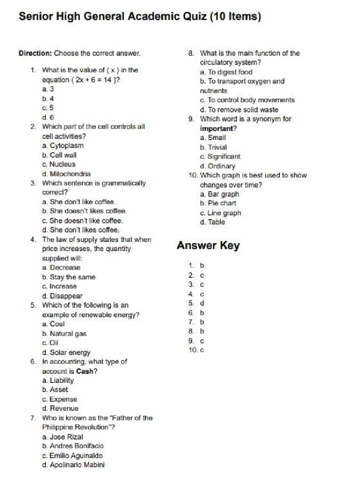 Senior High General Academic Quiz (10 Items) - Studocu