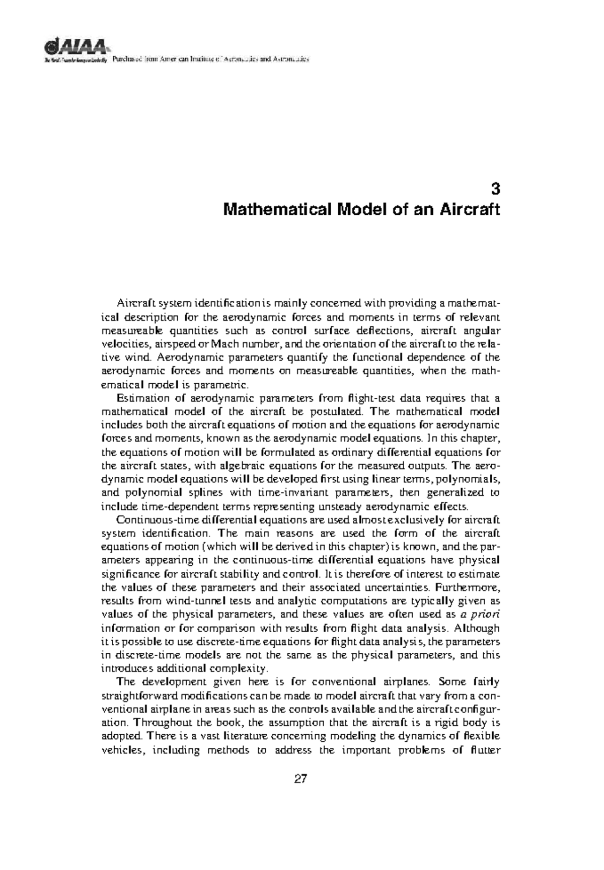 Mathematical Modeling of Aircraft Dynamics: System Identification and Equations - Studocu