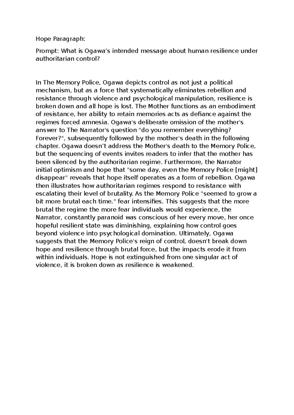 Hope and Resilience in The Memory Police: A Critical Analysis - Studocu