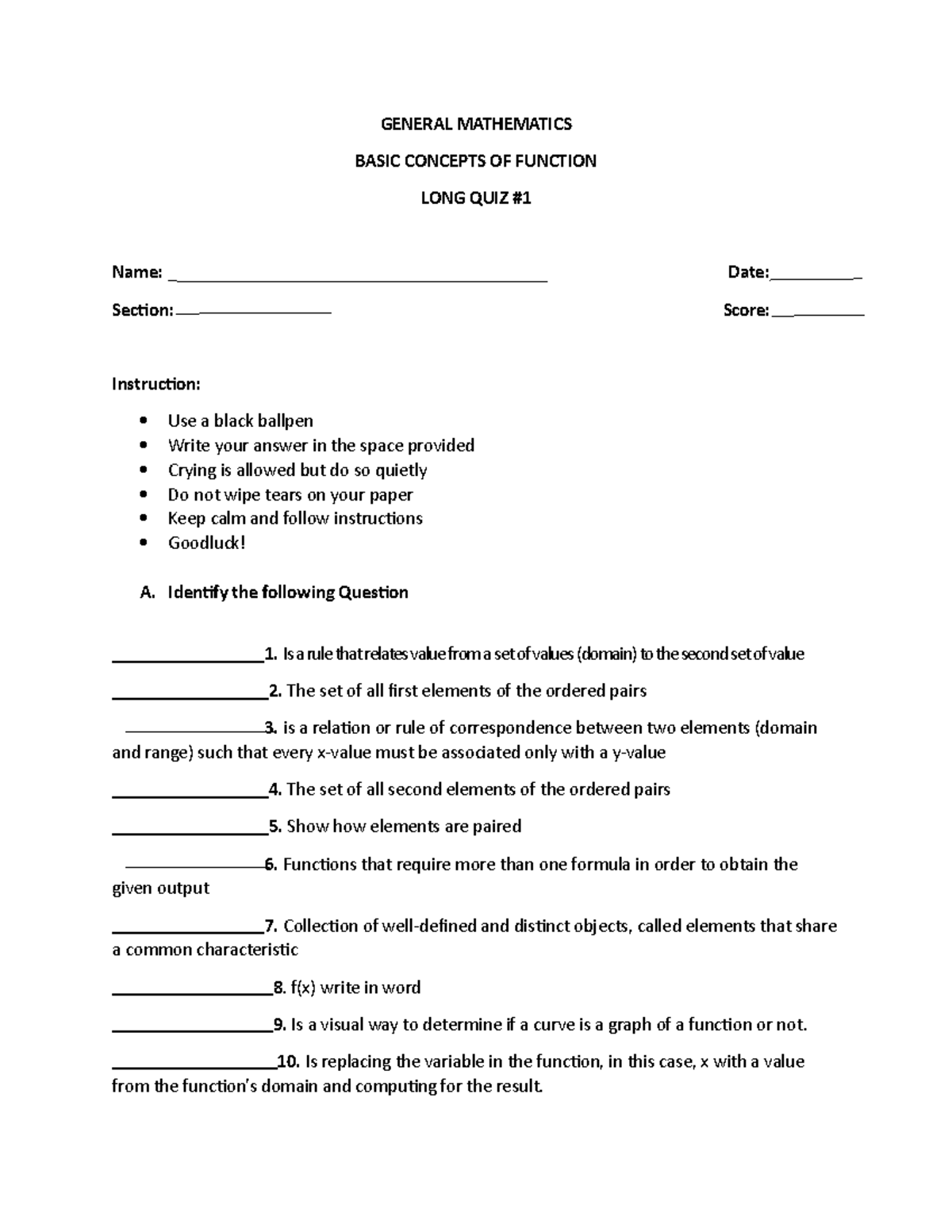 General Mathematics QUIZ - GENERAL MATHEMATICS BASIC CONCEPTS OF ...