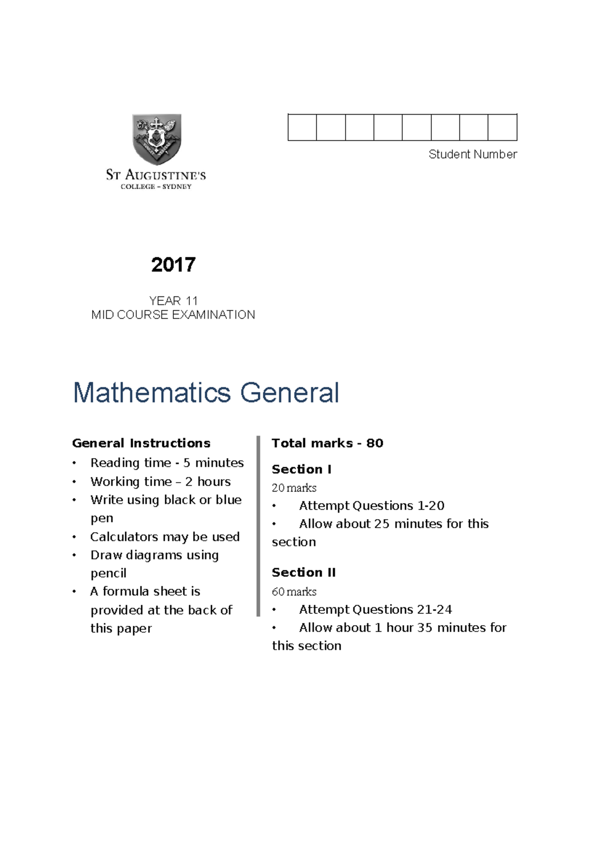 2017 YEAR 11 MATHEMATICS GENERAL MID COURSE EXAMINATION - Studocu
