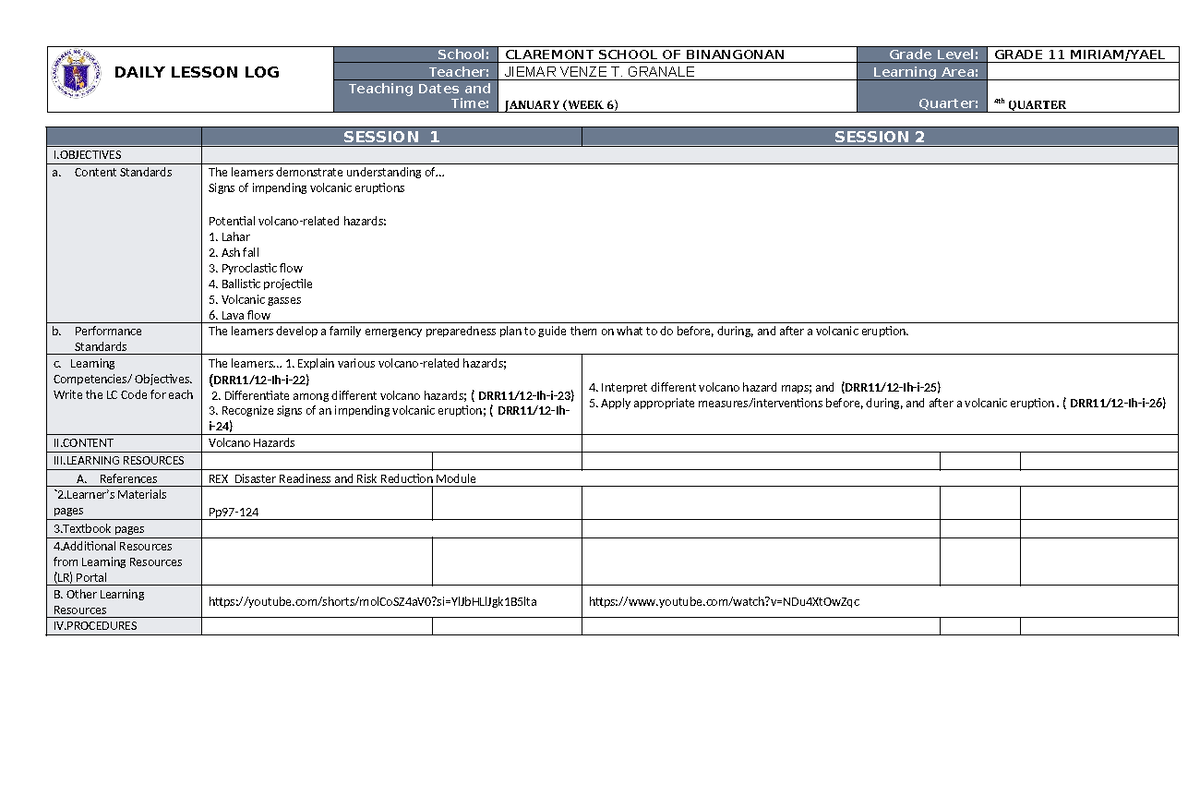 DRRR Week 6 - DLL - DAILY LESSON LOG School: CLAREMONT SCHOOL OF ...