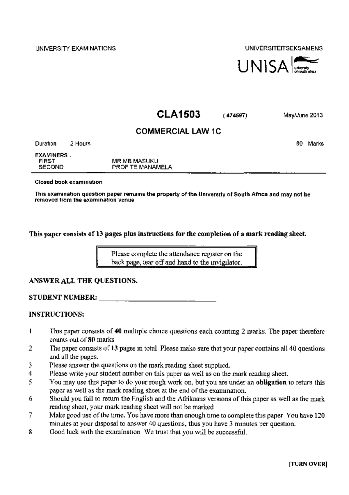 CLA1503 2013 - Past Exam Paper for Commercial Law 1C - Studocu