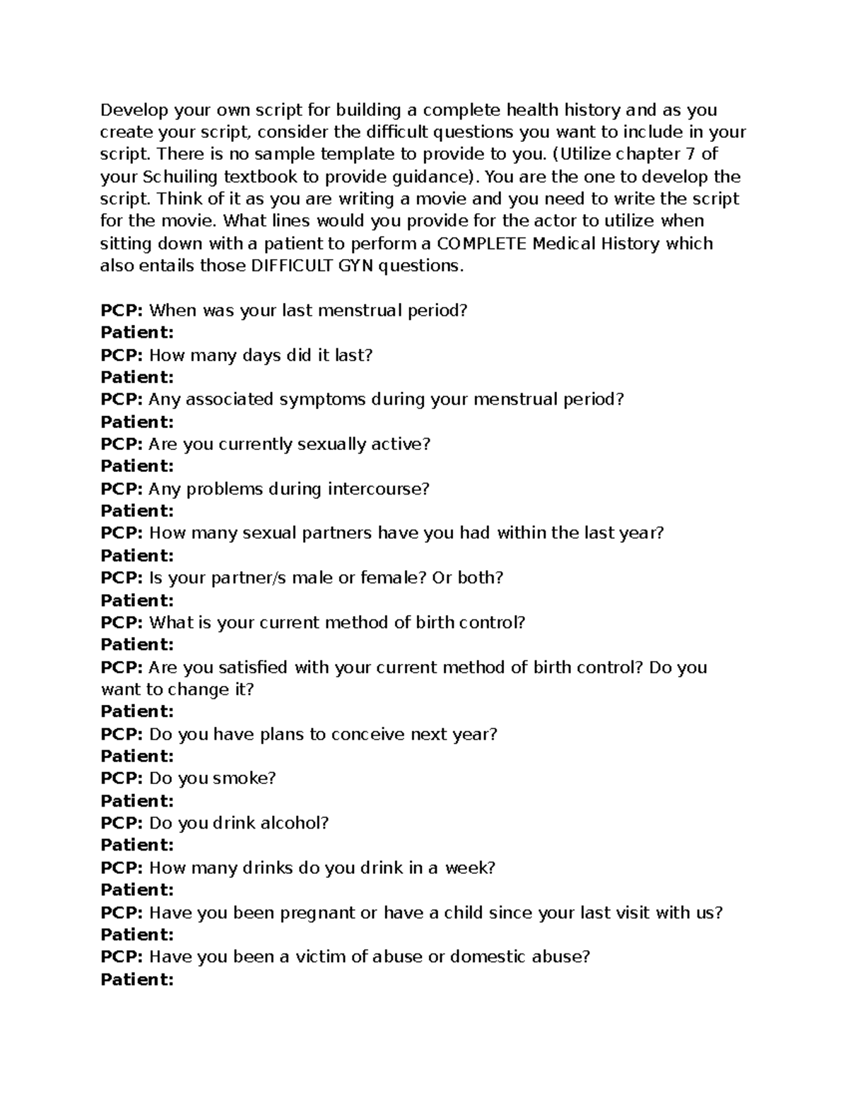 Health History Script Draft: Difficult GYN Questions & Patient ...