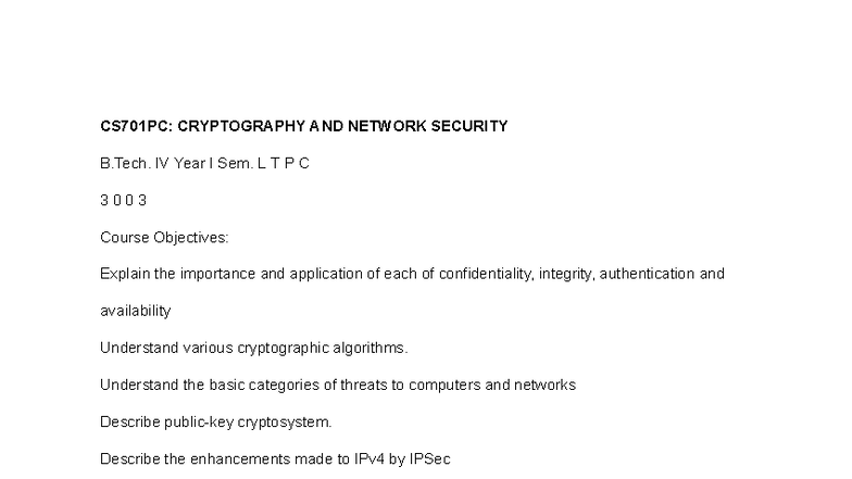 CS701PC: Cryptography & Network Security Syllabus - B.Tech IV Year I Sem - Studocu