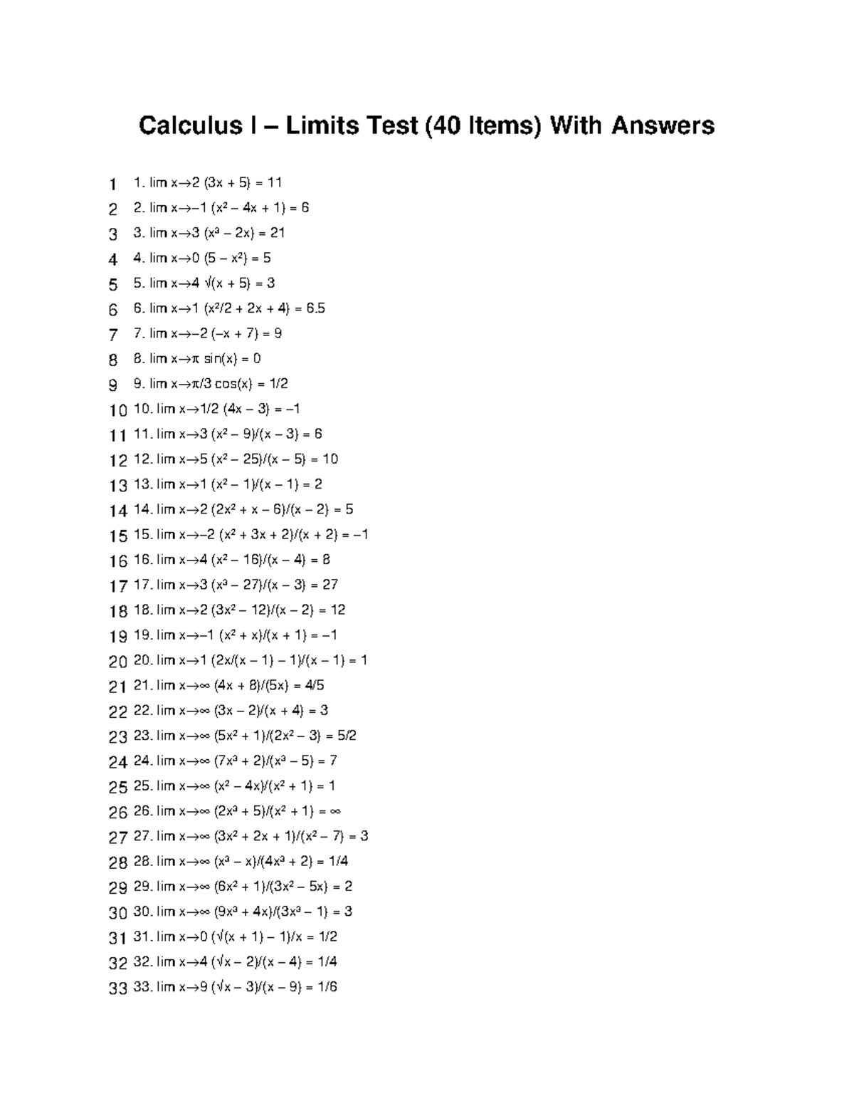 Calculus I – Limits Test (40 Items) with Inline Answers - Studocu