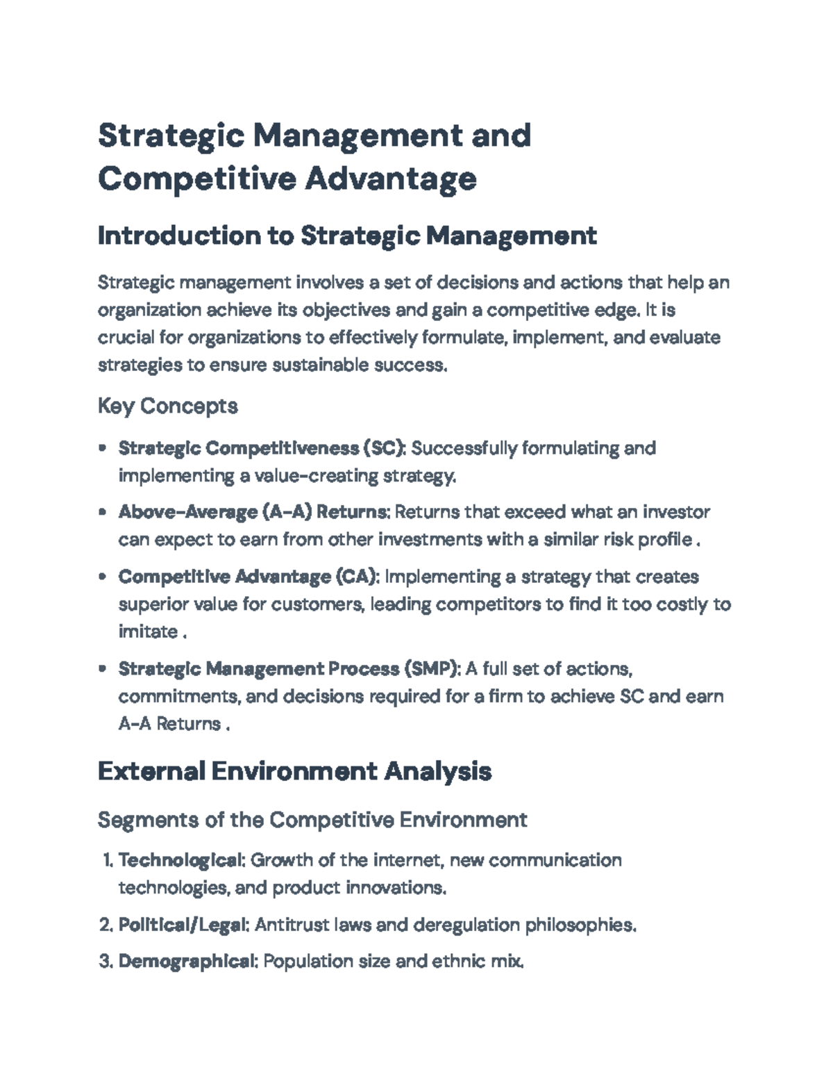 Strategic Management and Competitive Advantage Overview (SM101) - Studocu
