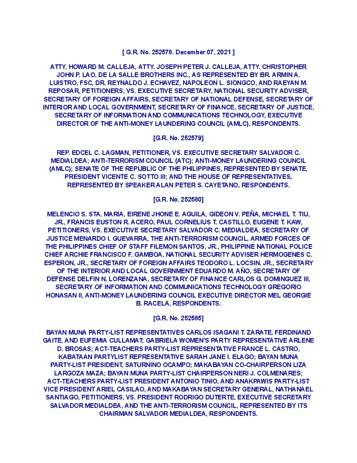 G.R. No. 252578: Petitioners vs. Government Officials on Anti-Terrorism ...