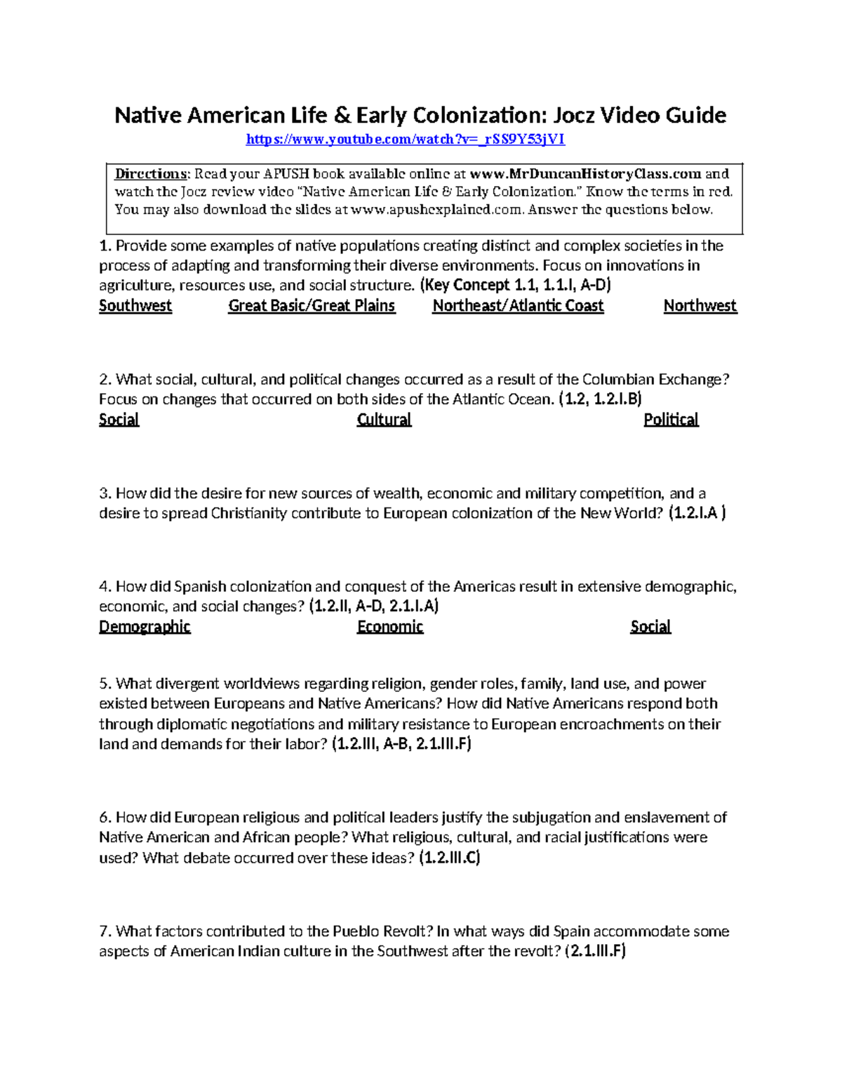 APUSH - Native American Life & Early Colonization Worksheet - Studocu