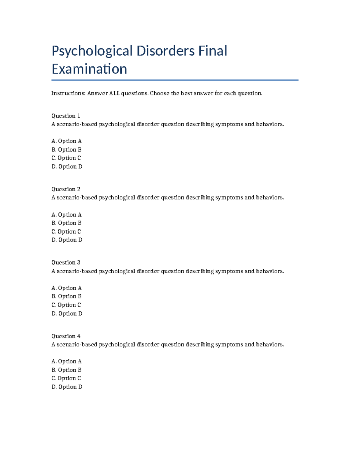 Psychological Disorders PSY 101 Final Exam Questions and Answers - Studocu
