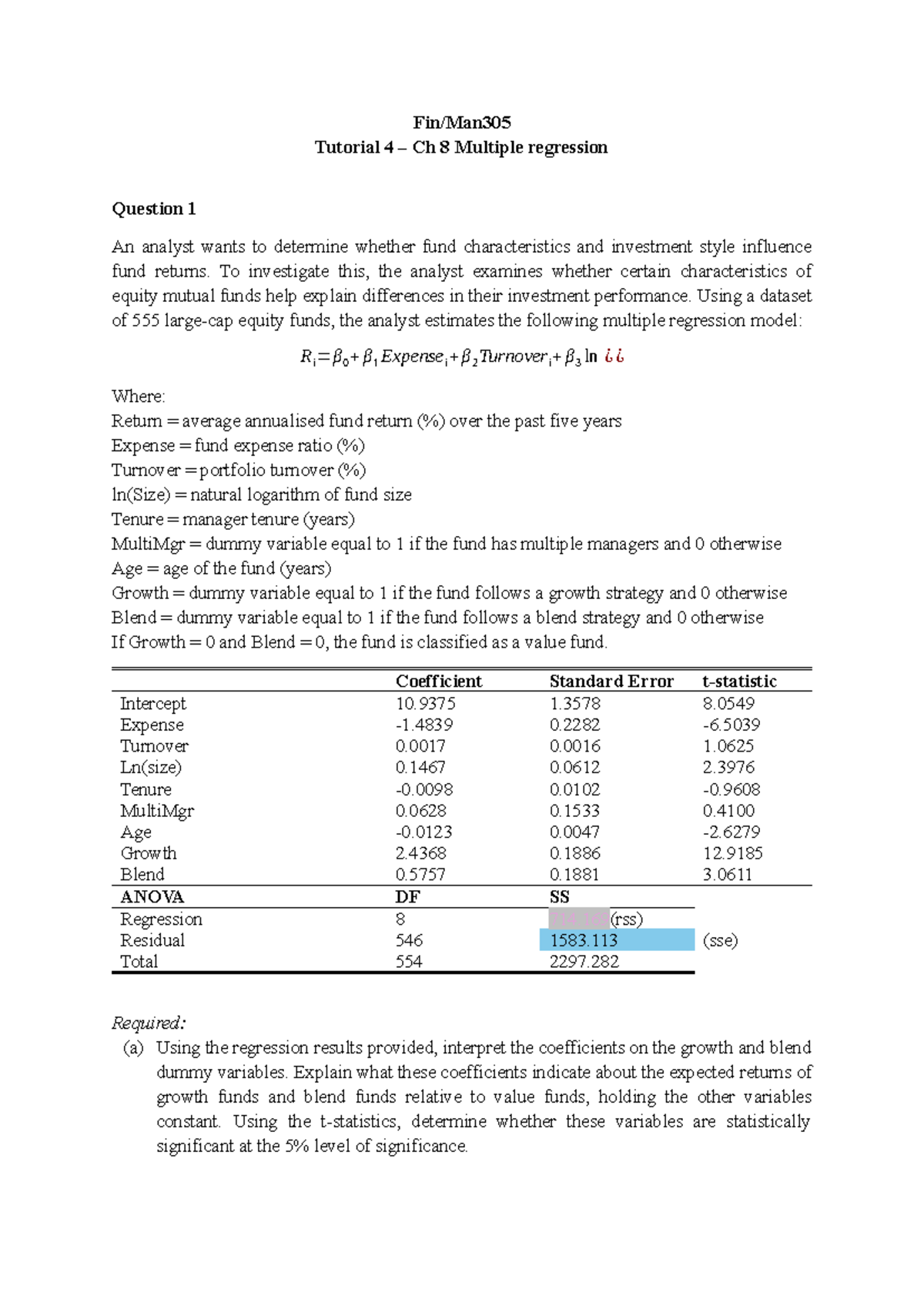 Fin305 Tutorial 4: Multiple Regression Analysis of Fund Returns - Studocu