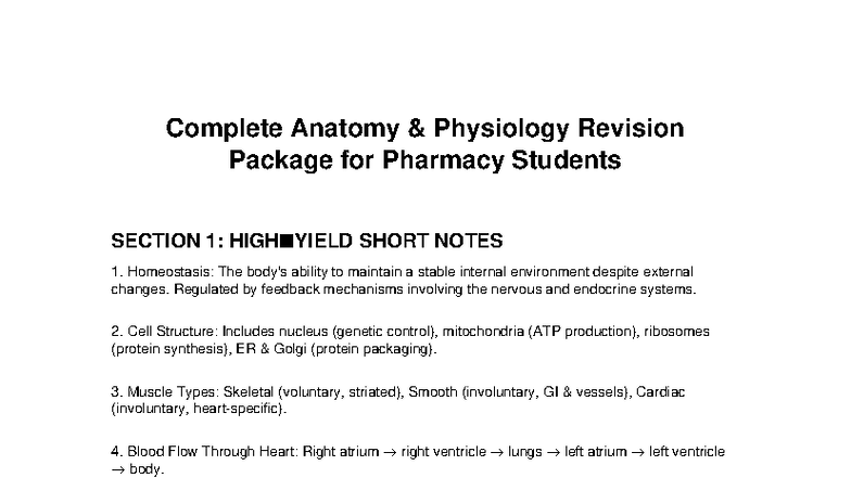 Anatomy & Physiology Revision Notes for Pharmacy Students - Studocu