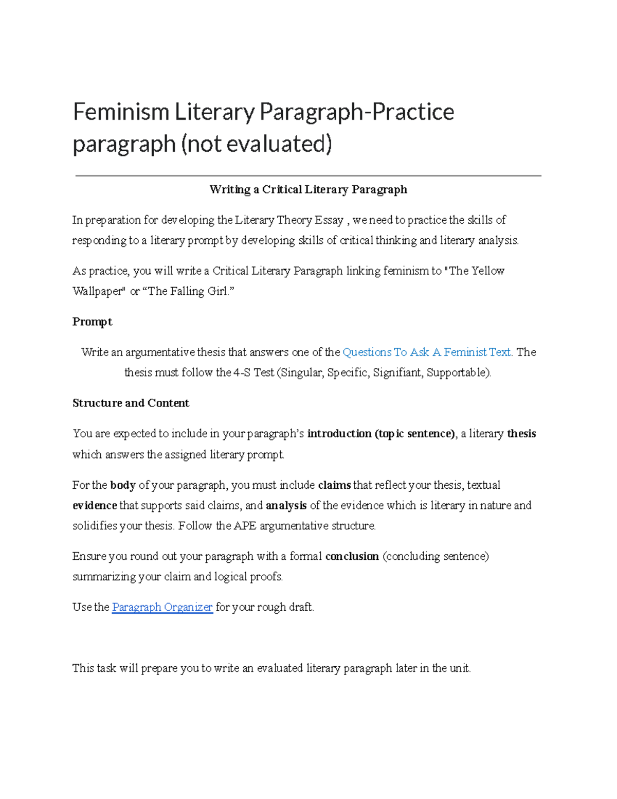 Feminism Literary Paragraph Practice for Theory Essay (Not Evaluated ...