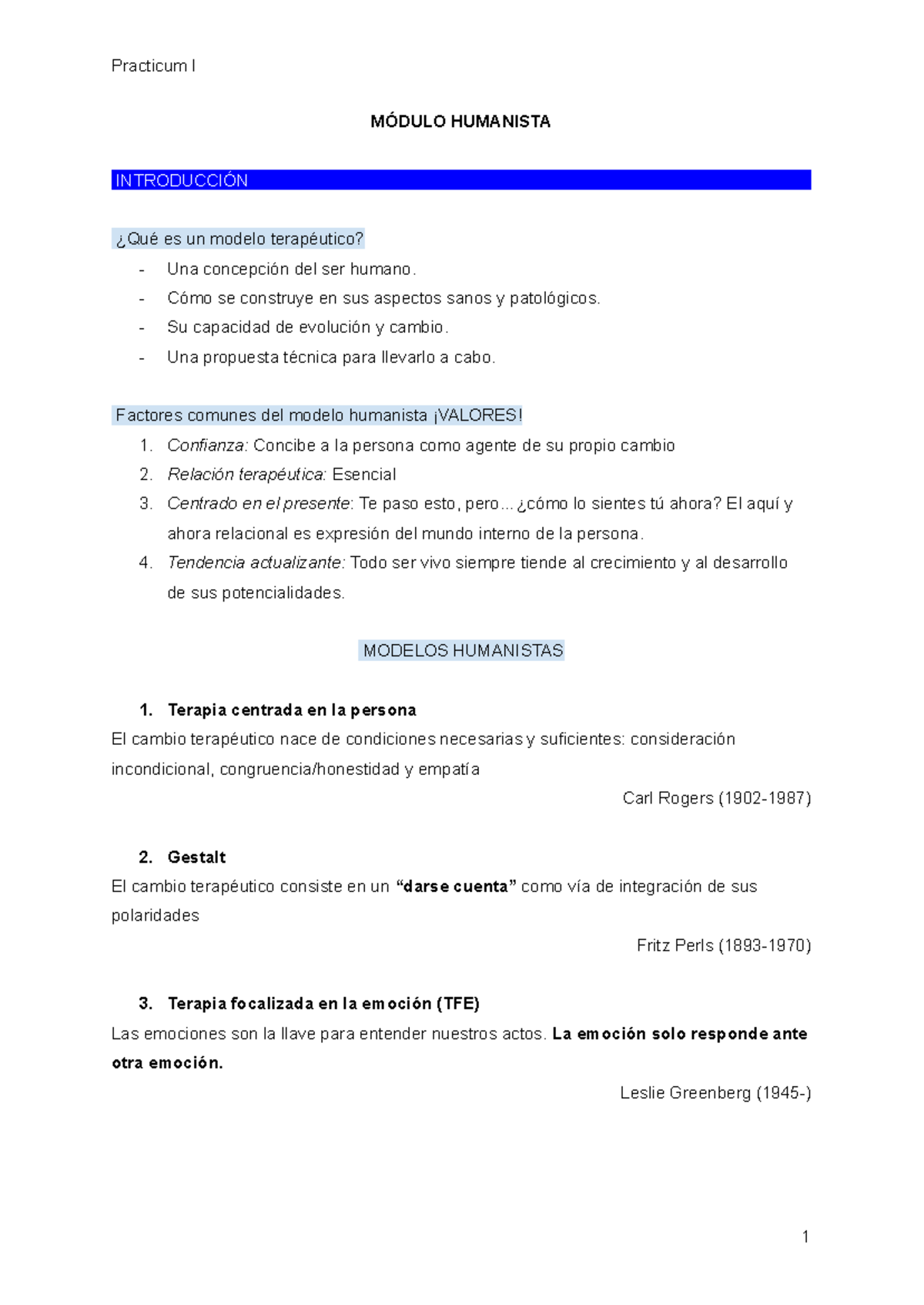Practicum I: Módulo Humanista - Apuntes sobre Terapia y Cambio - Studocu
