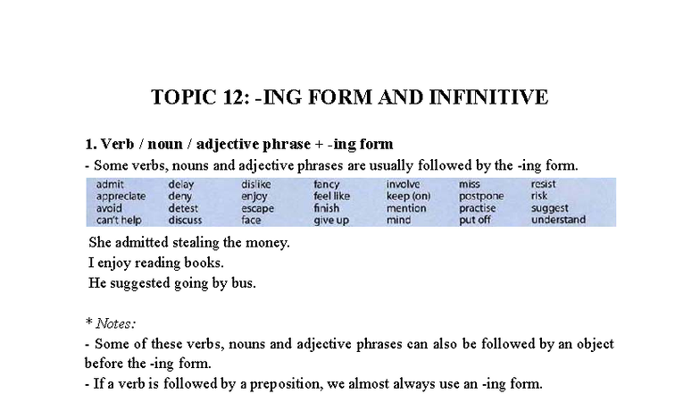 Topic 12: -ING Form and Infinitive in English Grammar - Studocu