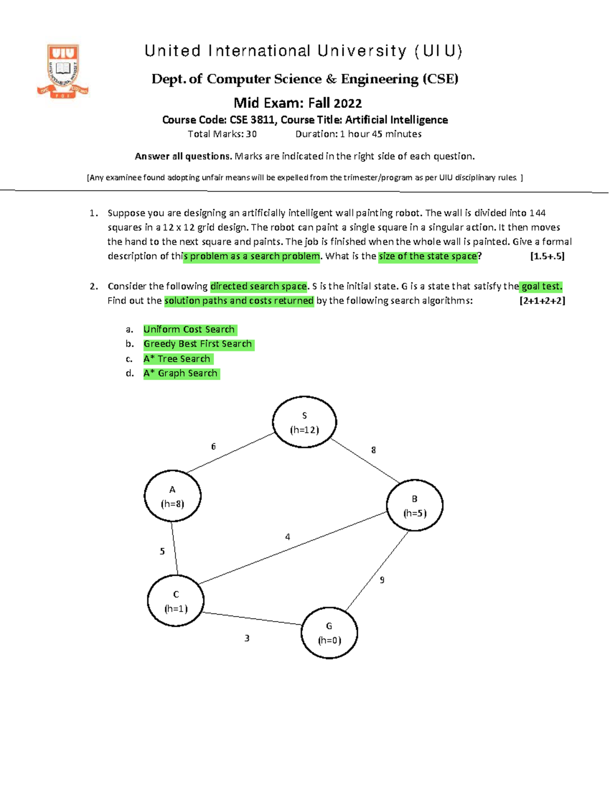 CSE 3811 - AI Midterm Exam Fall 2022 Questions and Answers - Studocu