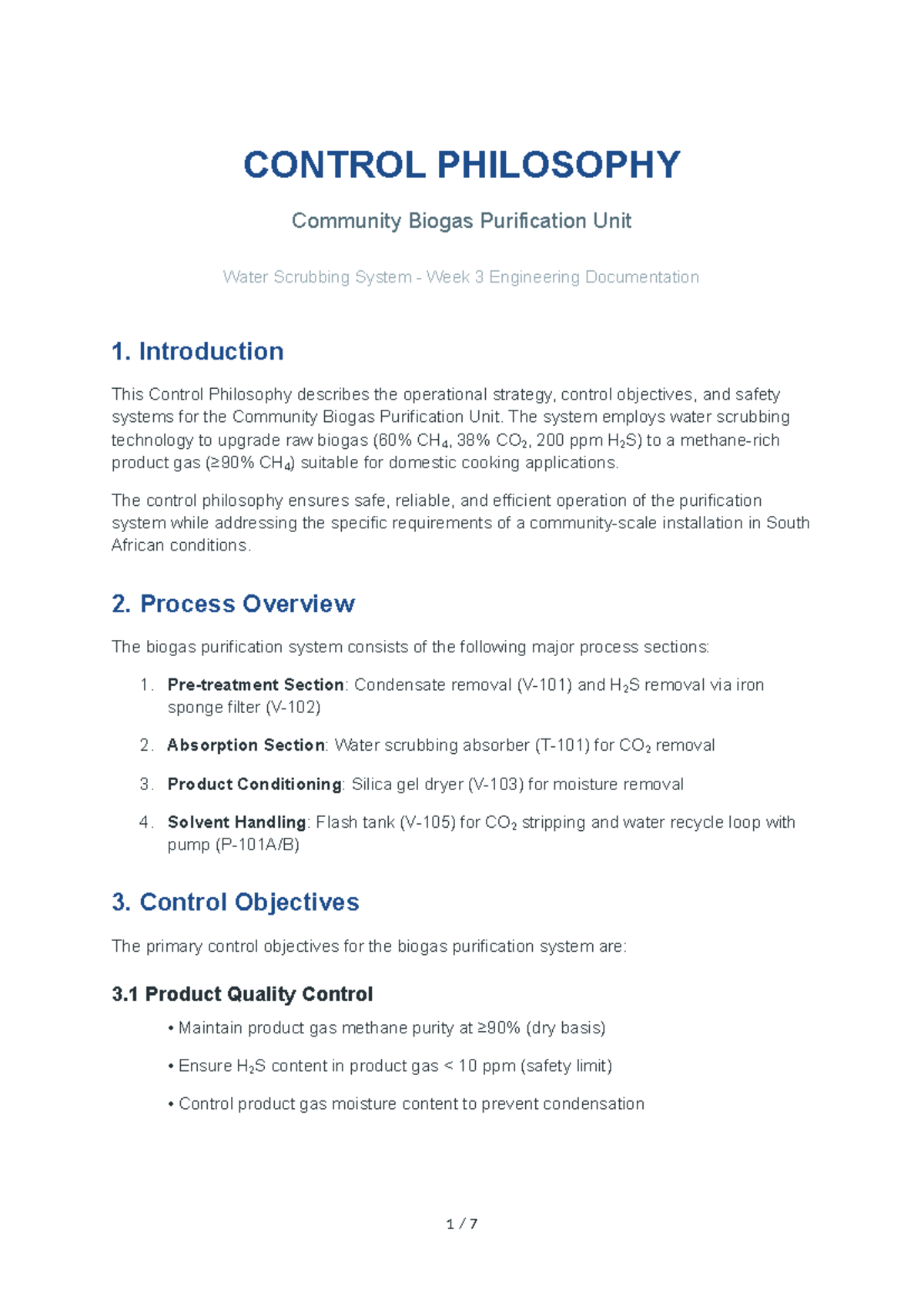 Control Philosophy for Community Biogas Purification Unit (ENG 101 ...