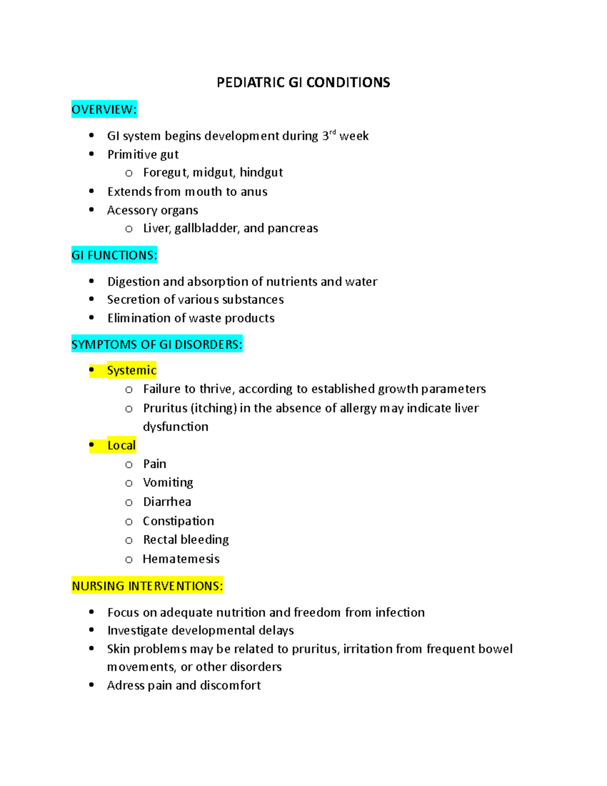 Peds gi conditions - lecture notes of key terms, pathology, and ...