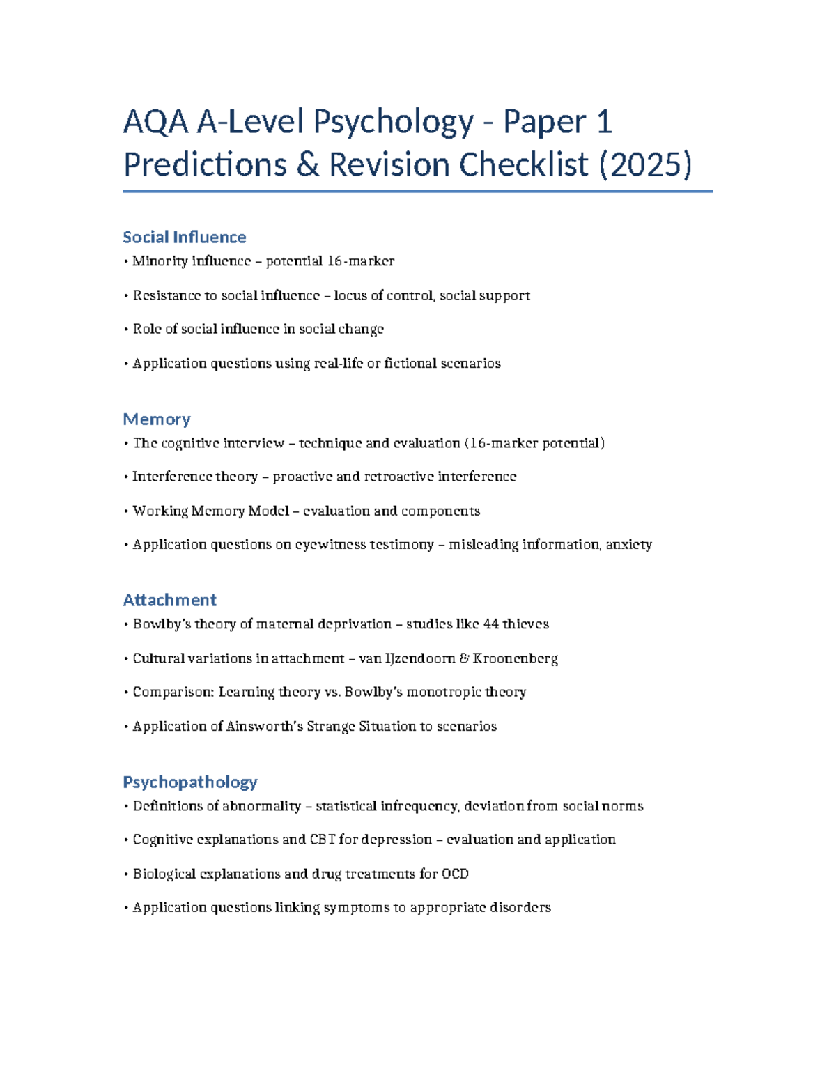 AQA Psychology Paper 1 Predictions Revision Checklist (2025) - Studocu