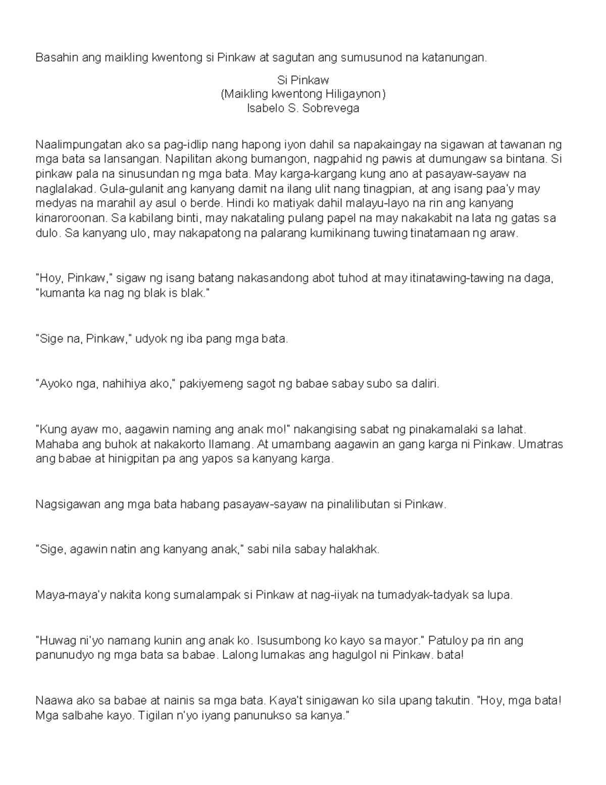 Si-Pinkaw: Isang Maikling Kwento at Pag-aaral ng Tema at Karakter - Studocu