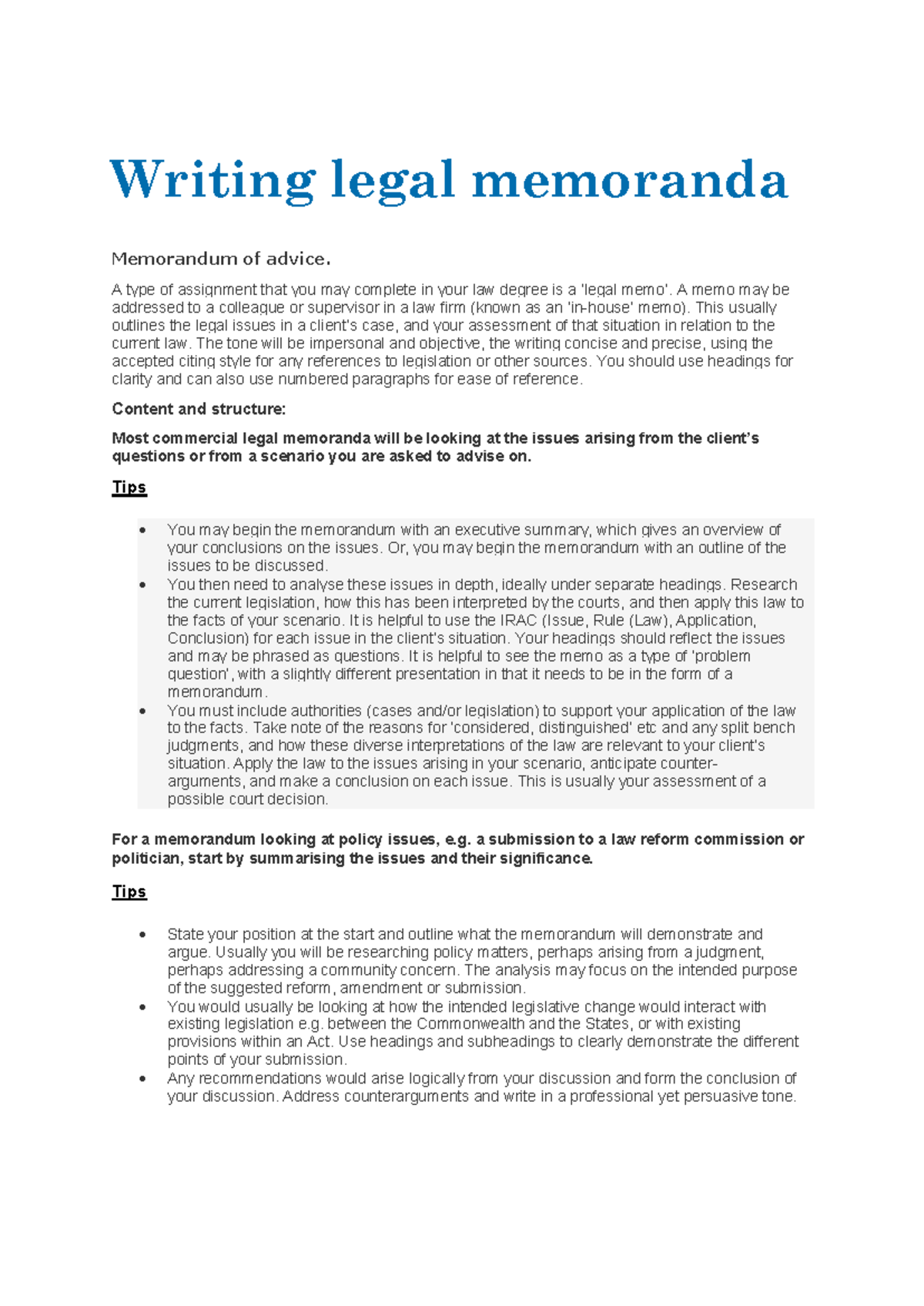 Legal Memorandum Writing Guide: Structure & Tips for Success - Studocu