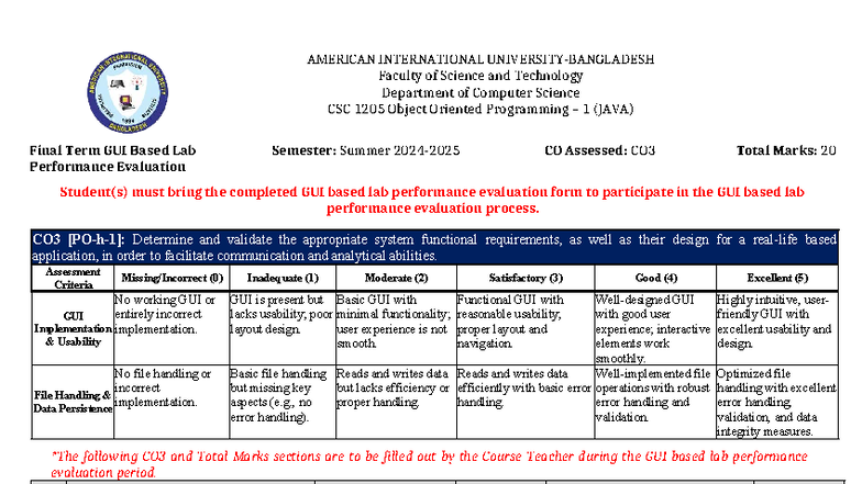 OOP1 Lab Performance Evaluation CO3 - Summer 2024-2025 - Studocu