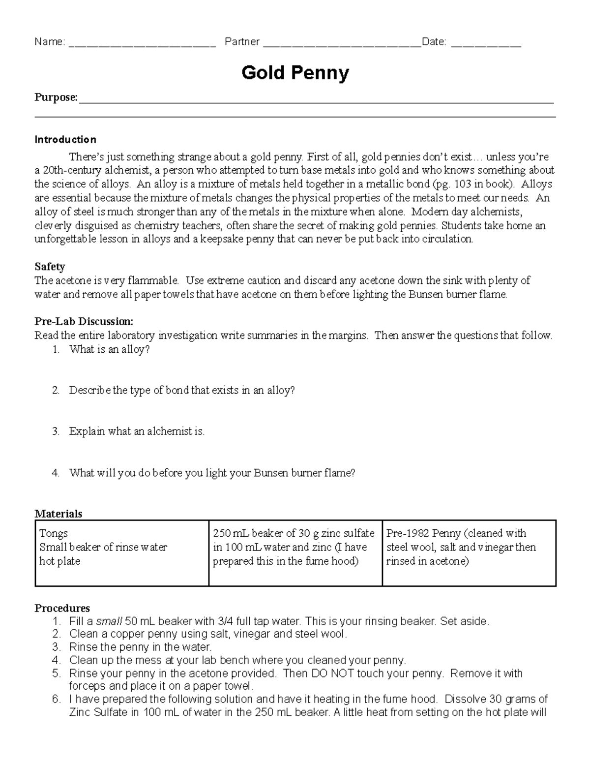 Gold Penny Lab - Creating Alloys & Understanding Metallic Bonds - Studocu