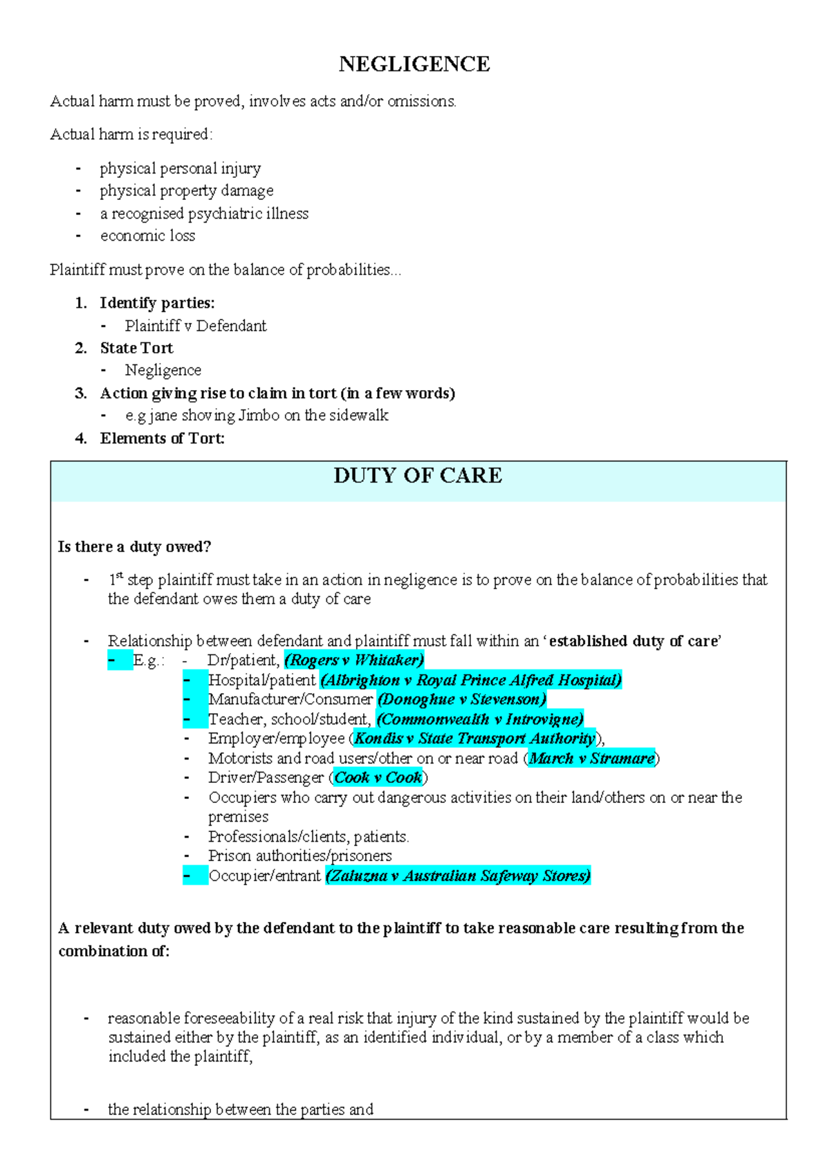 Negligence (LAW101): Duty of Care and Elements Explained - Studocu