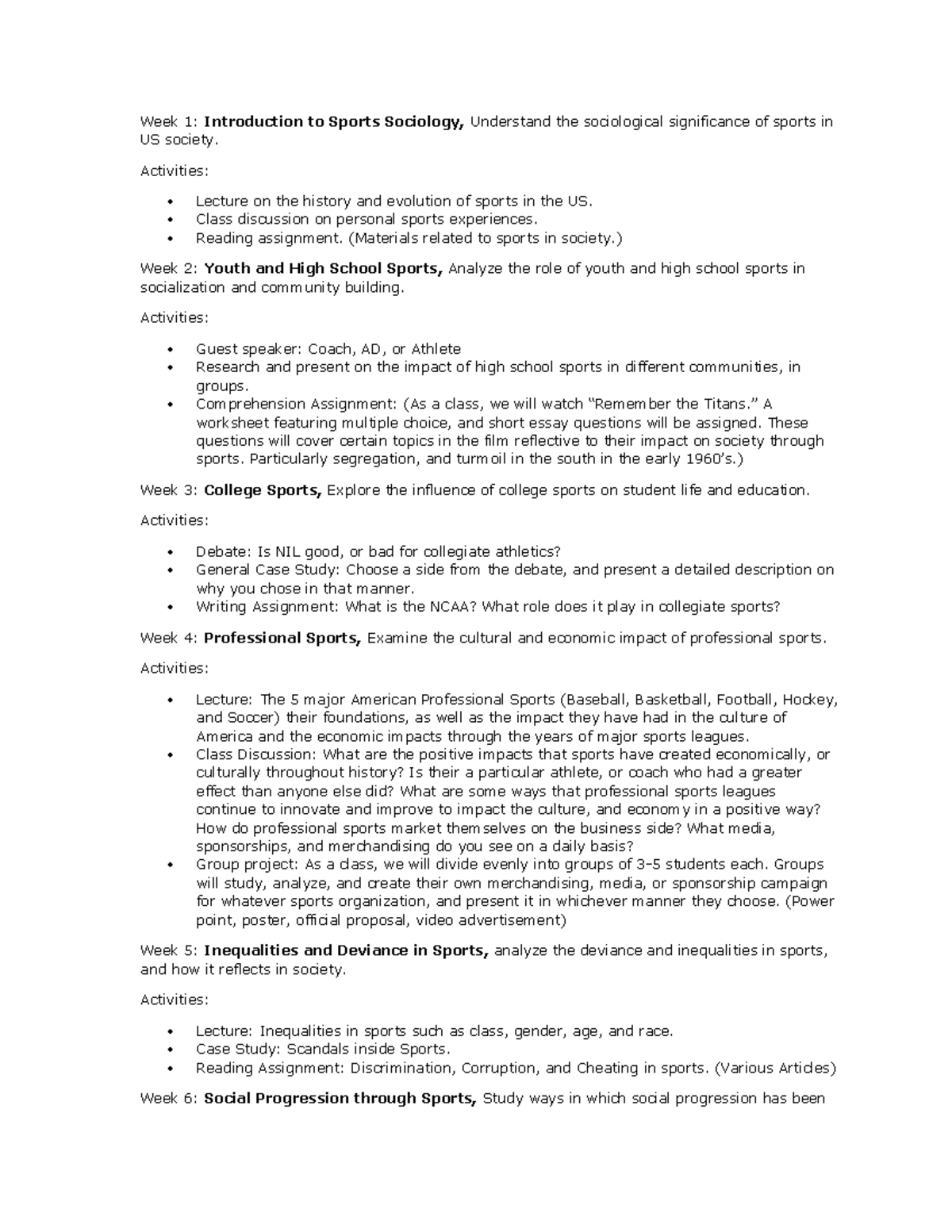 D658: 8-Week Mock Lesson Plan on Sports Sociology Topics - Studocu