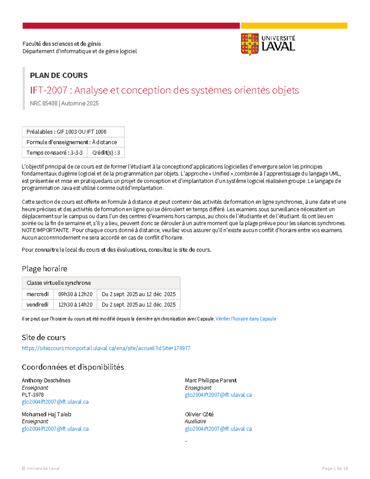 IFT-2007 A25 85408 - Plan de Cours: Analyse et Conception des Systèmes Orientés - Studocu