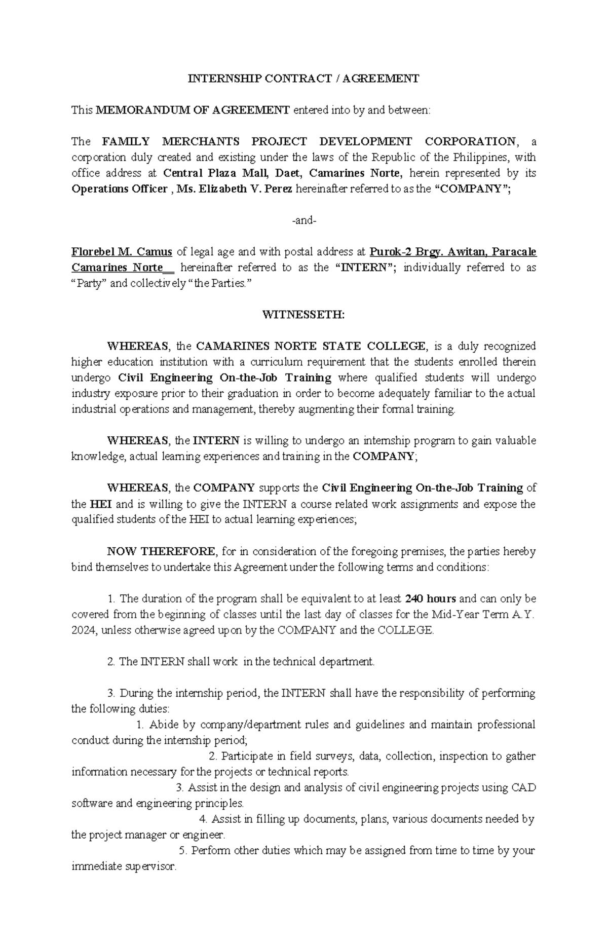 Internship Contract Example for OJT - Civil Engineering A.Y. 2024 - Studocu
