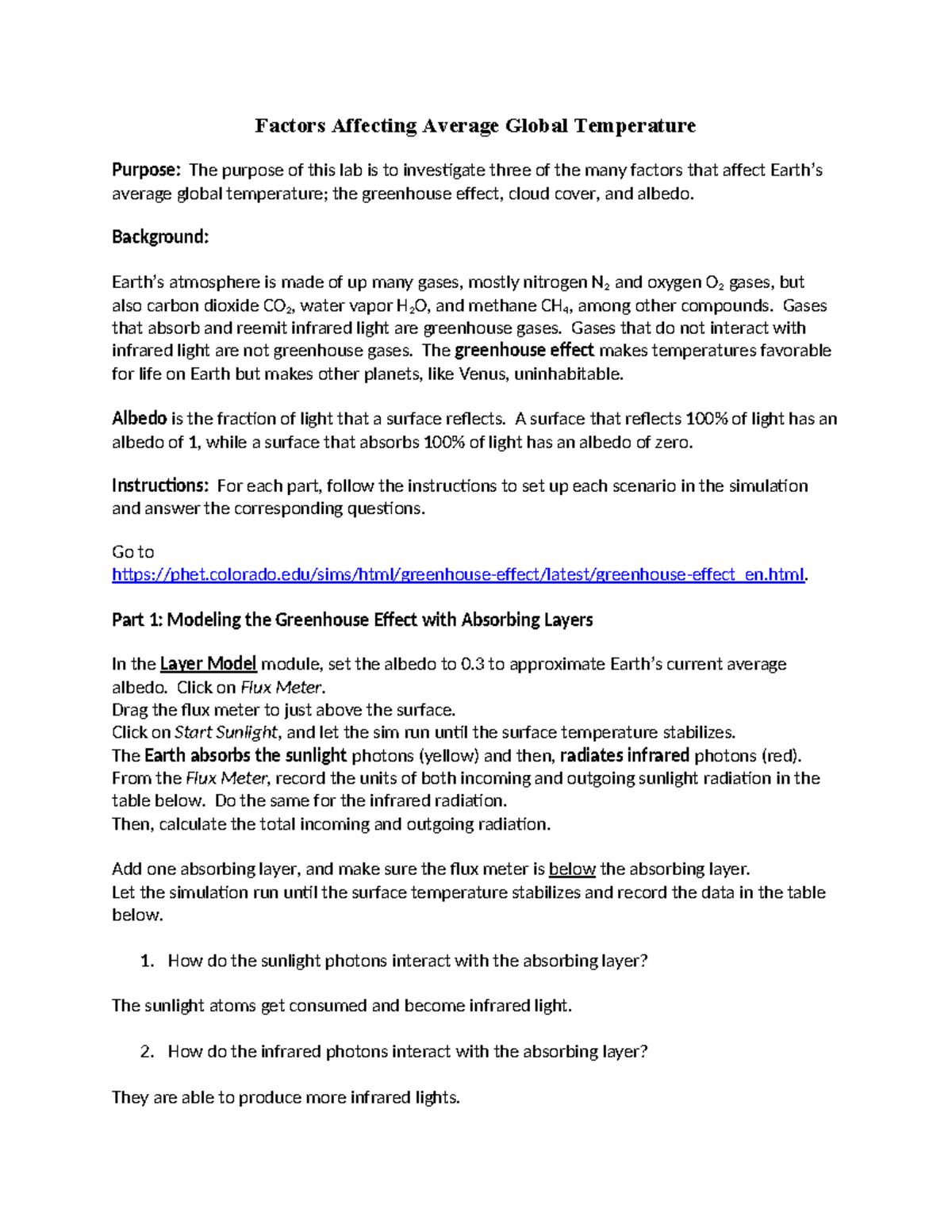 Greenhouse Effect Lab: Investigating Temperature Factors in Env Sci 101 ...