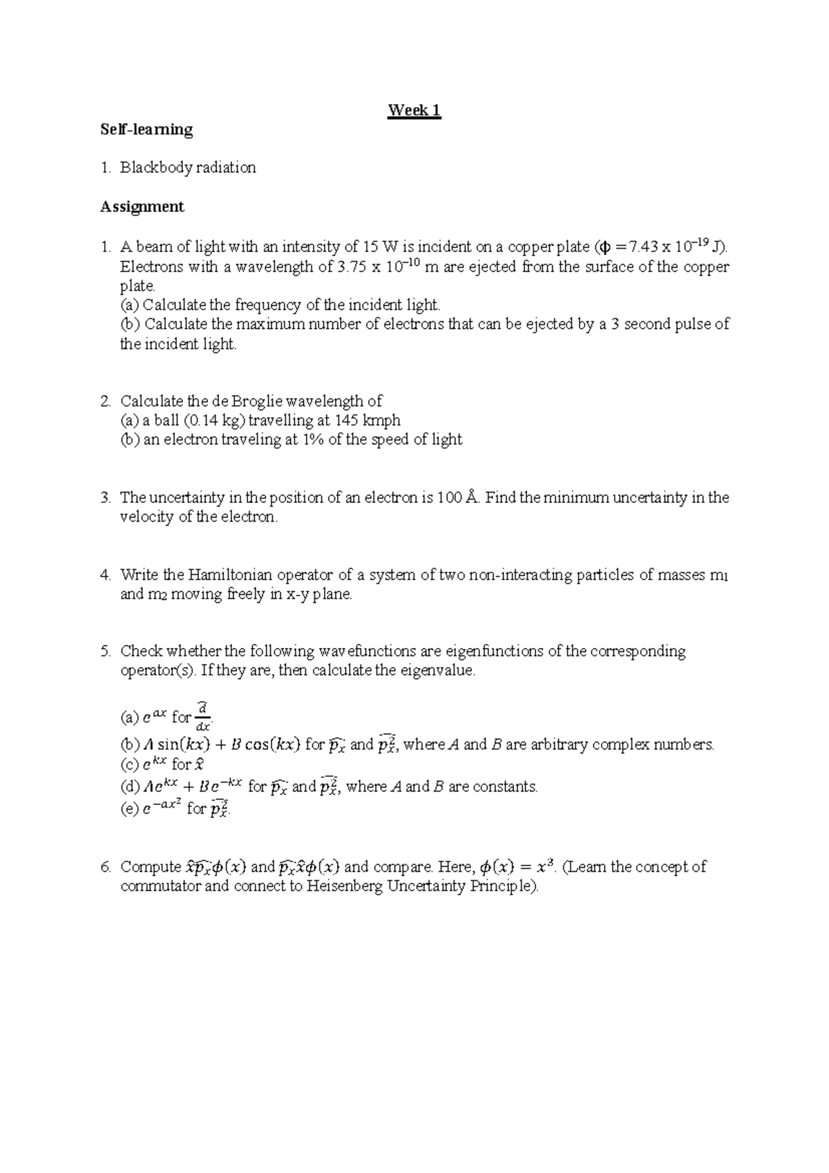 Week 1 - Blackbody Radiation & Quantum Mechanics Assignment 1 - Studocu