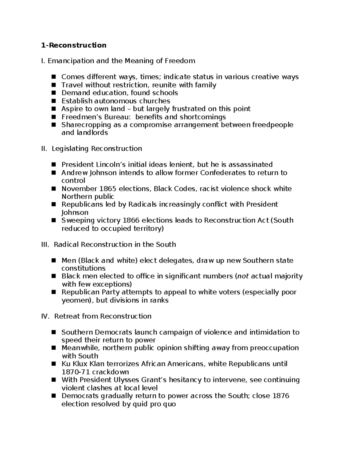 Reconstruction Outline: Emancipation, Legislation, and Retreat - Studocu