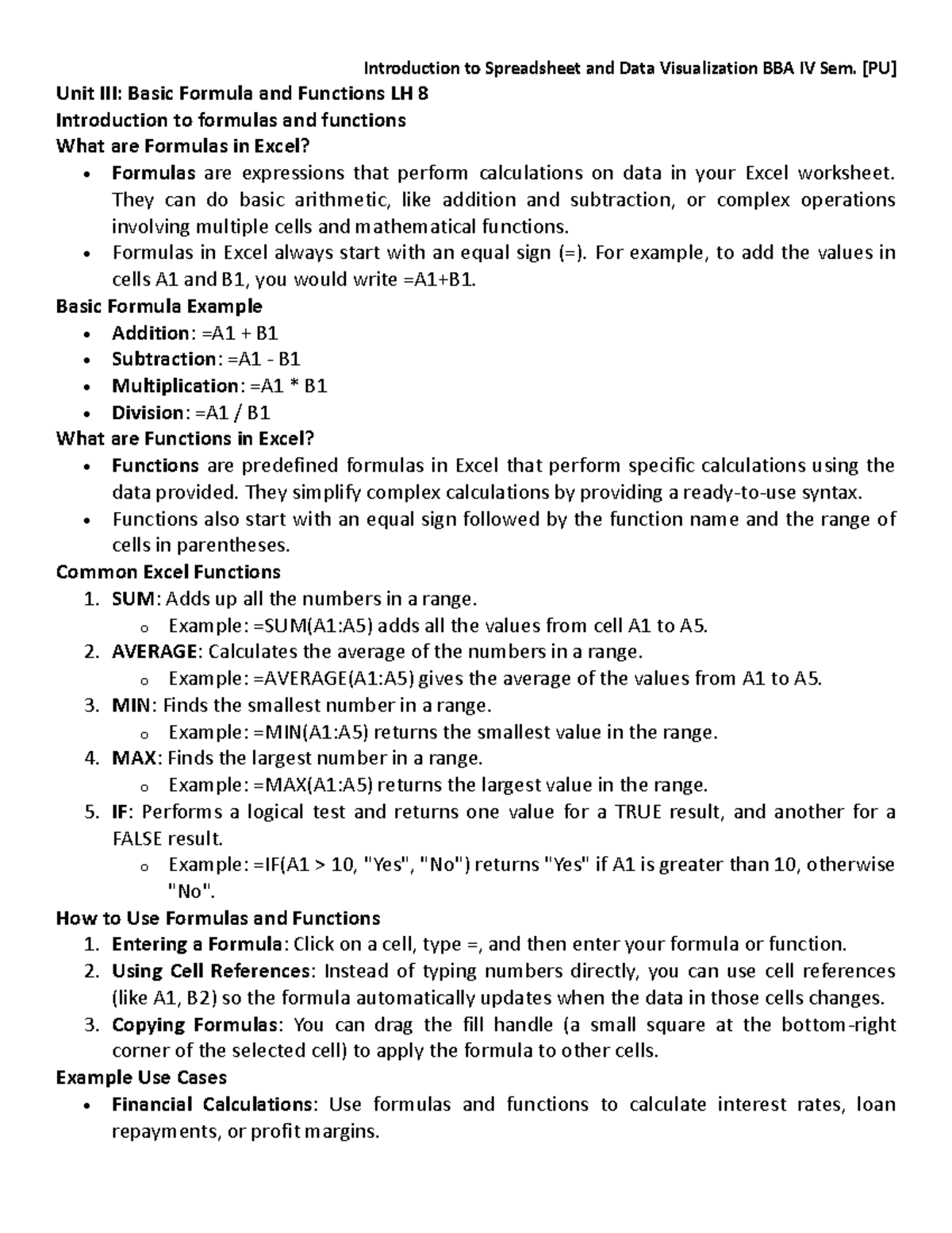 Introduction to Spreadsheet and Data Visualization BBA IV Sem. Unit 3: Basic - Studocu