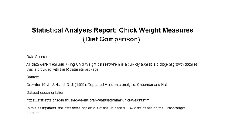 Statistical Analysis Report: Chick Weight (Diet Comparison) - Studocu