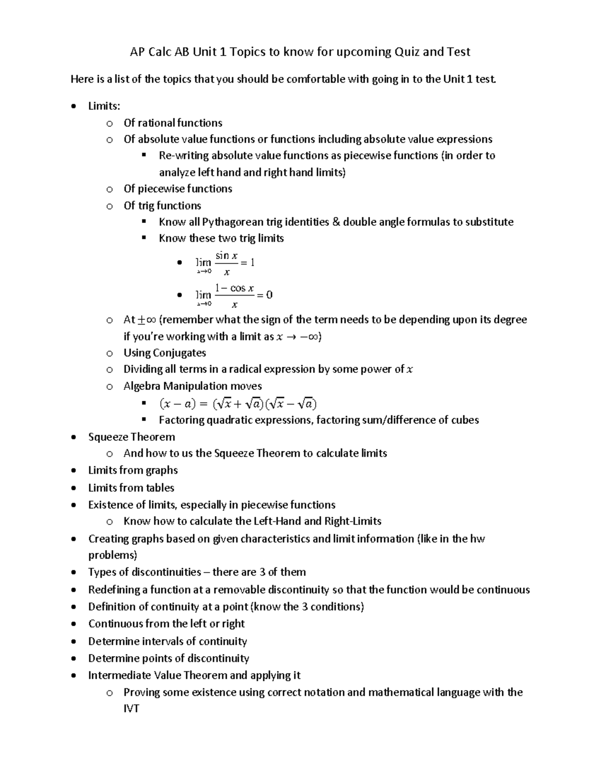 AP Calc AB Unit 1 quiz and test study guide on limits and continuity ...