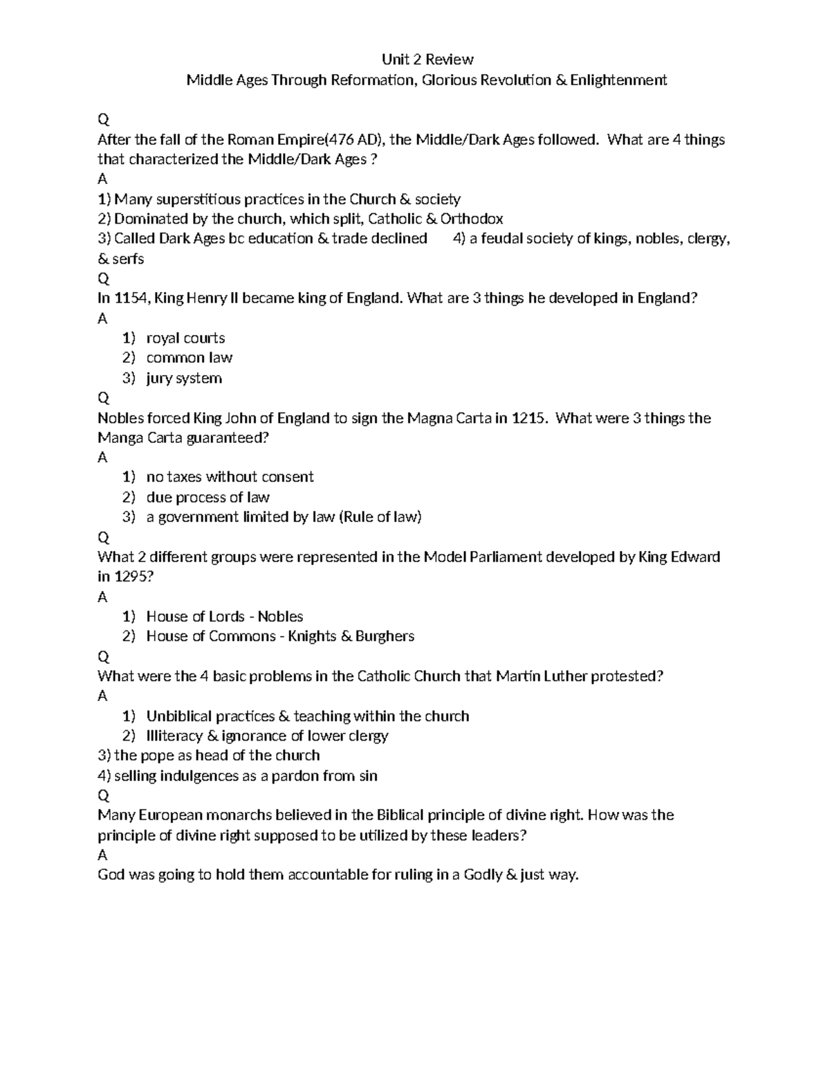 Unit 2 Review: Middle Ages to Enlightenment & Key Philosophers - Studocu