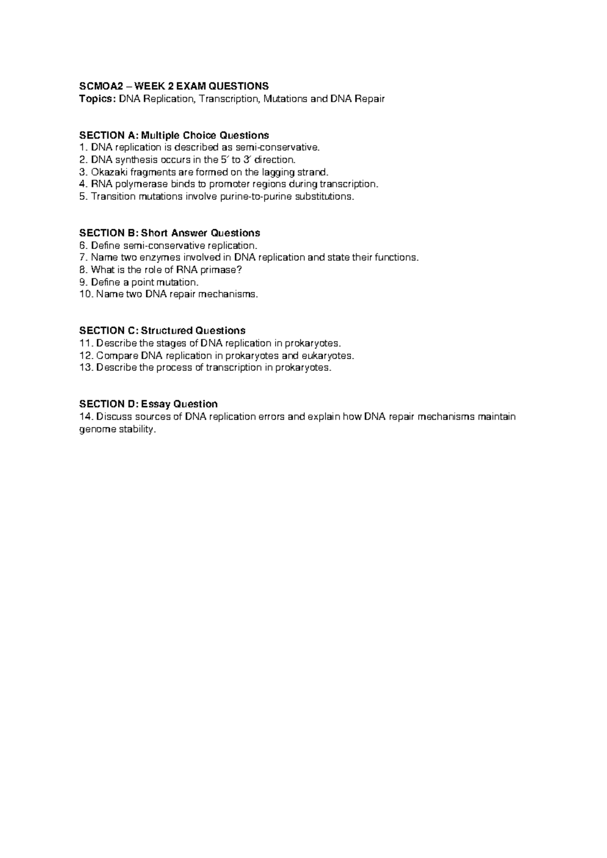 SCMOA2 Week 2 Exam Questions: DNA Replication & Transcription - Studocu
