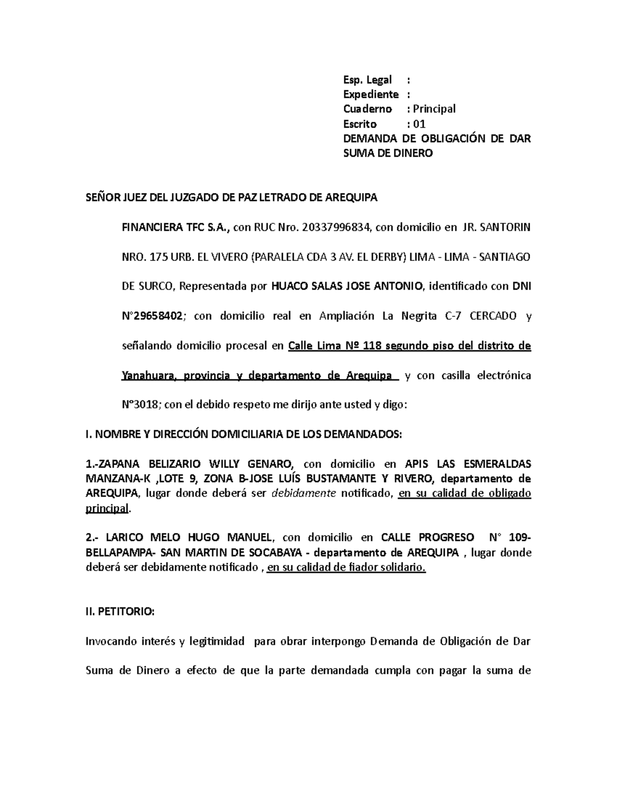 Modelo de demanda por deuda - Esp. Legal : Expediente : Cuaderno ...