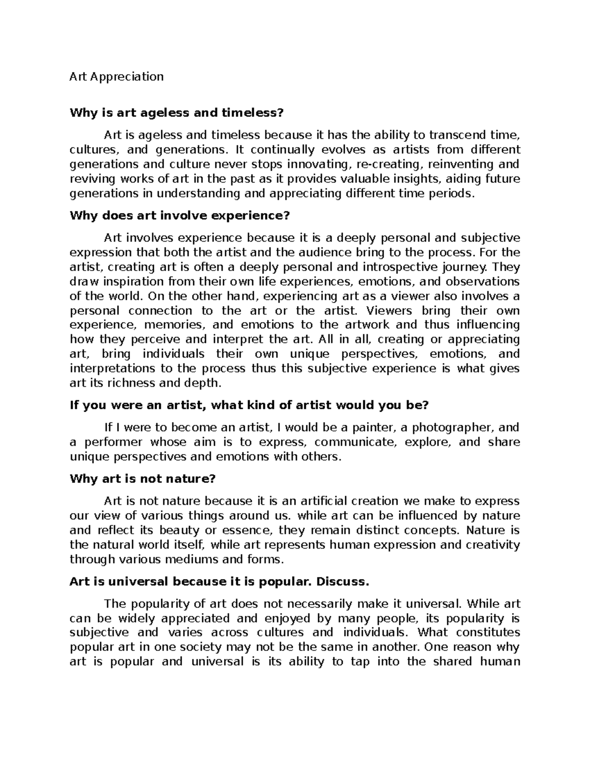 Art Appre - N/A - Art Appreciation Why is art ageless and timeless? Art ...