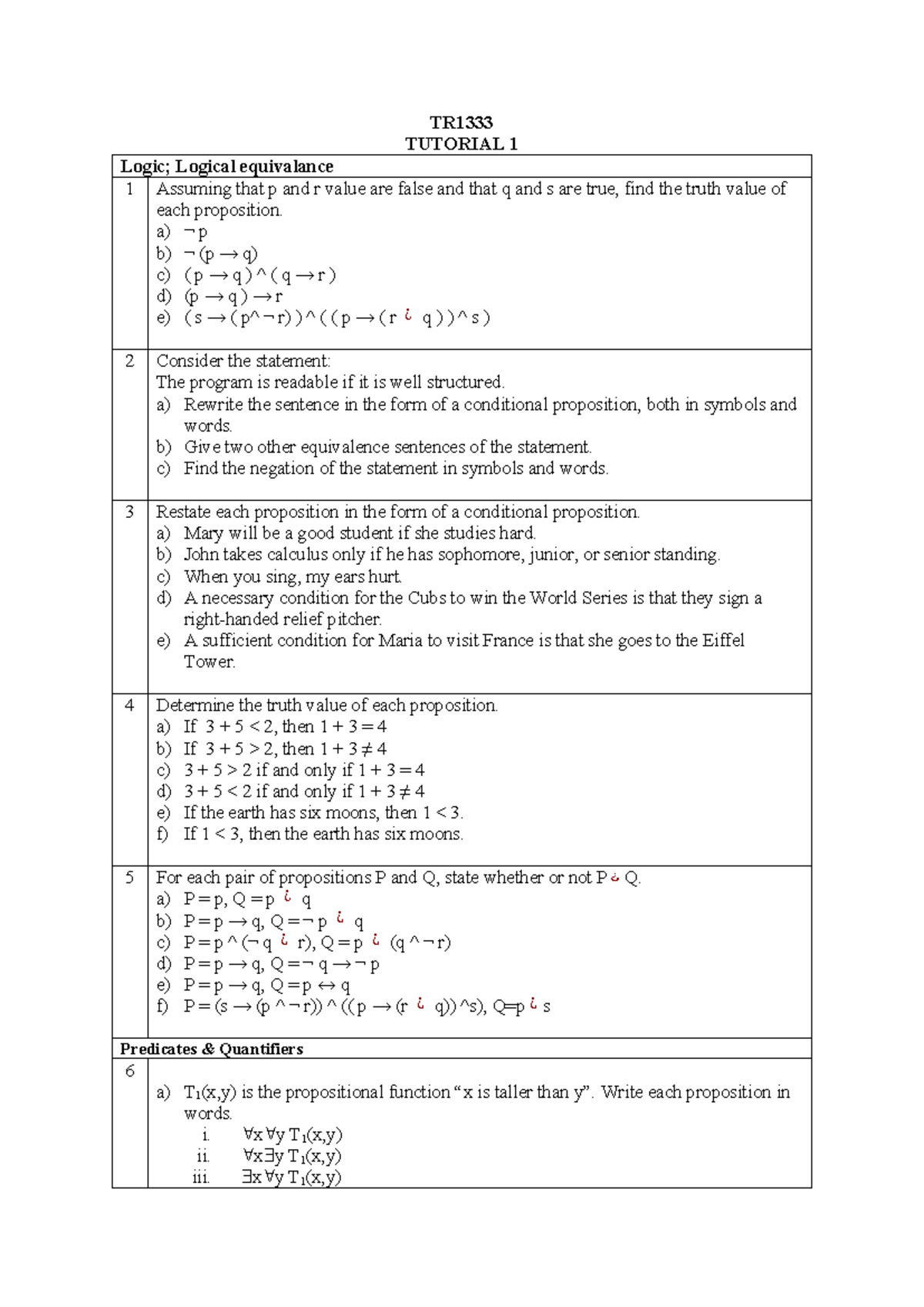 T1 2023 - Tutorial 1: Logical Equivalence and Propositions - Studocu