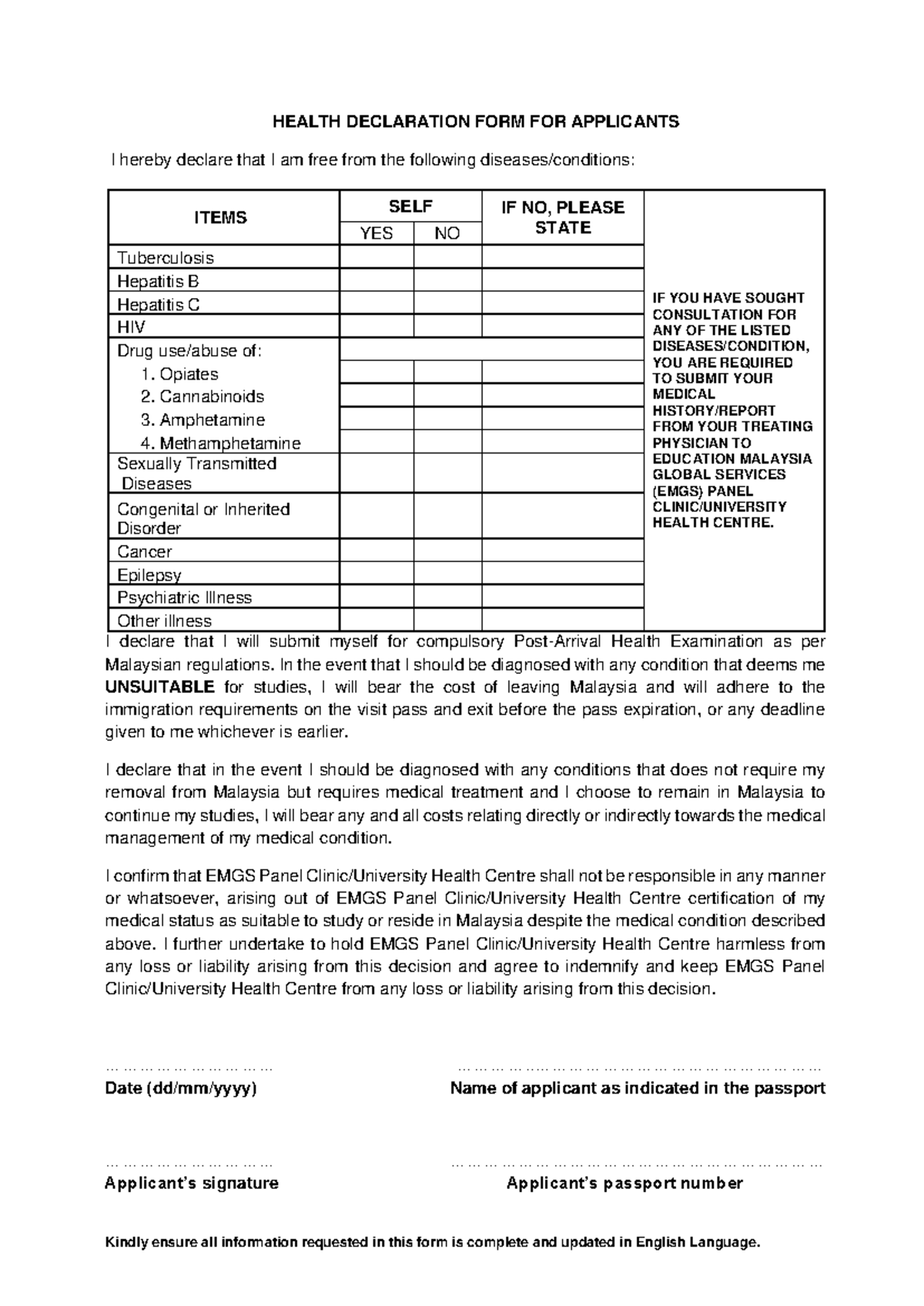 HEALTH DECLARATION FORM FOR APPLICANTS - LAMPIRAN B - Studocu