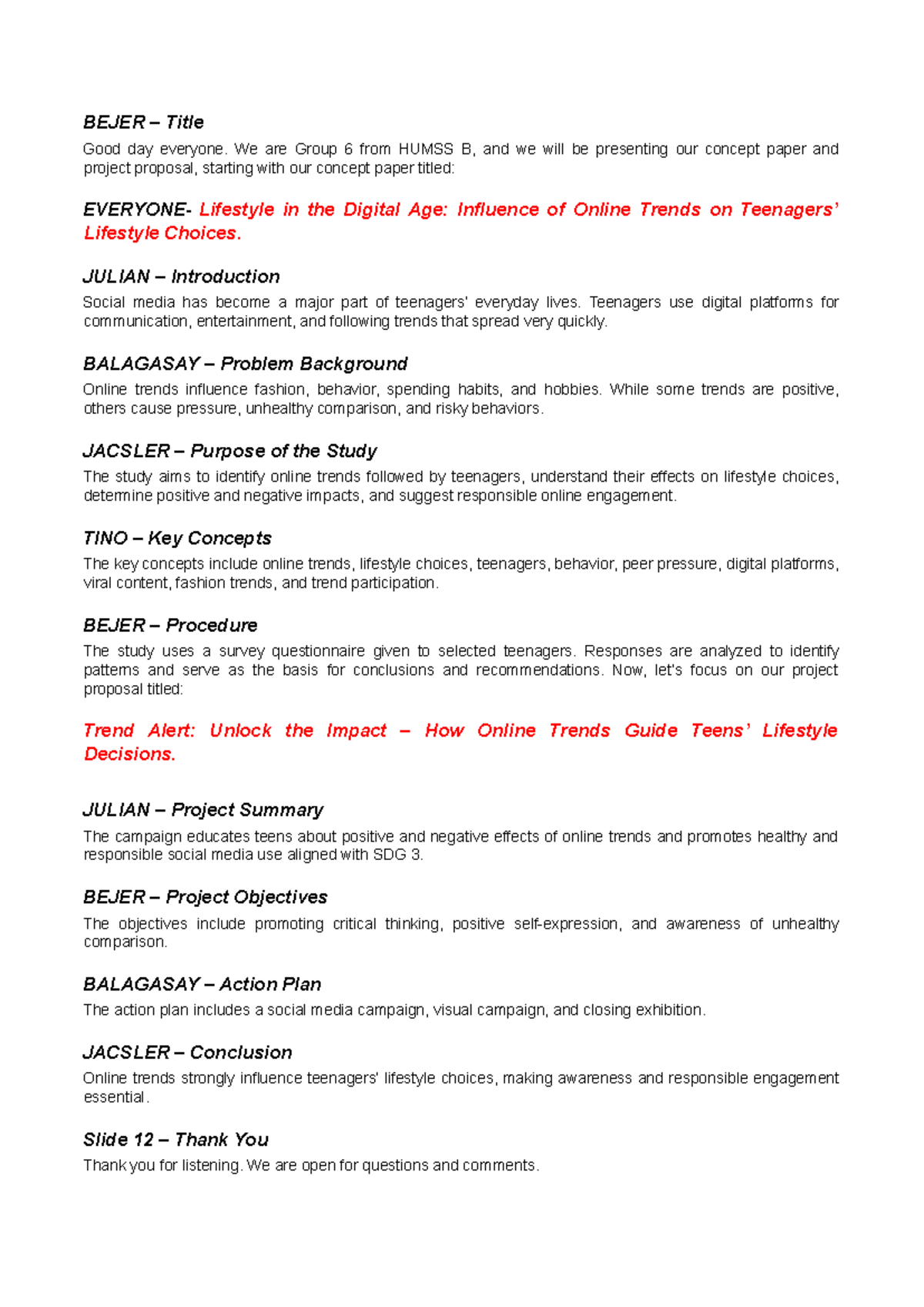 HUMSS B: Script for Defense of Concept Paper & Project Proposal - Studocu