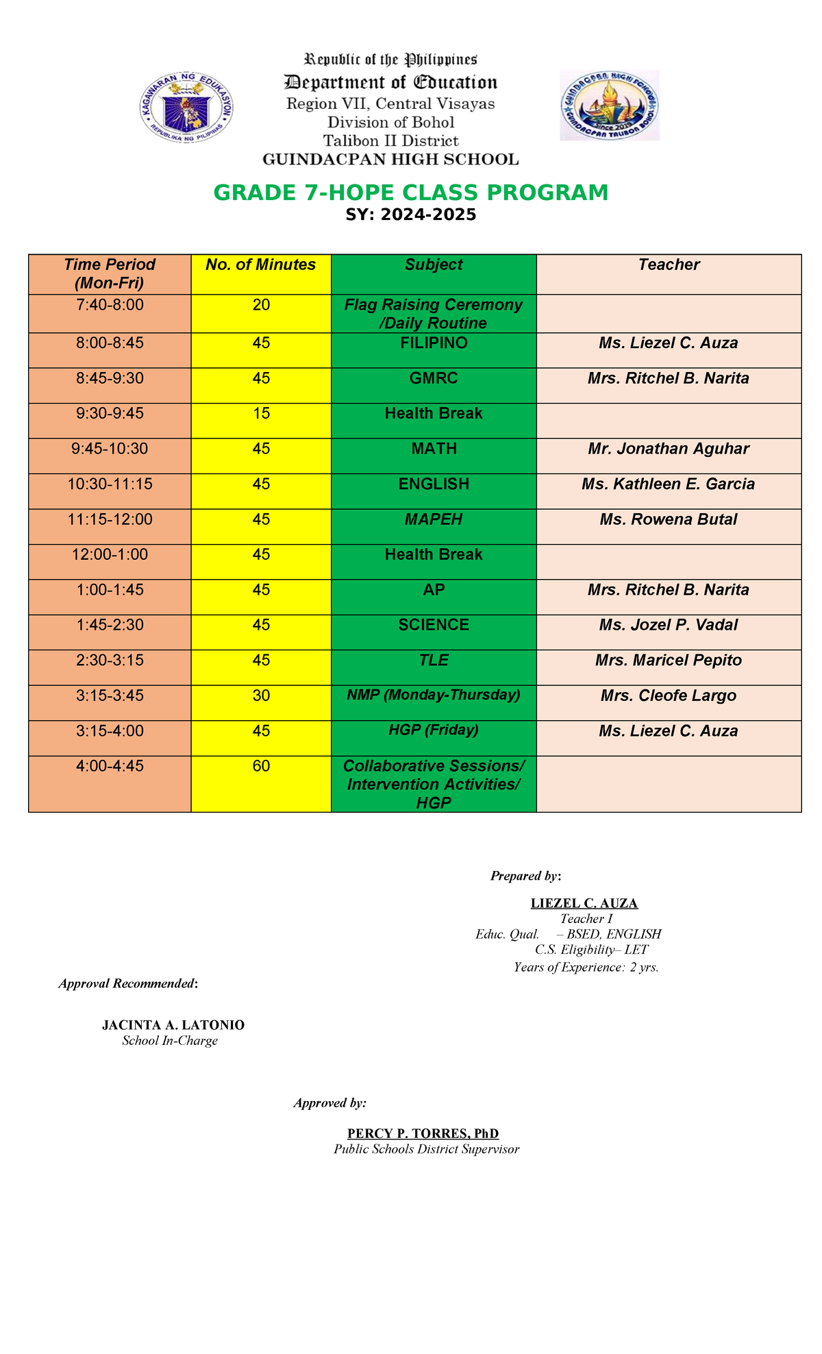 Grade 7 HOPE Class Program SY 2024: Daily Schedule and Routines - Studocu
