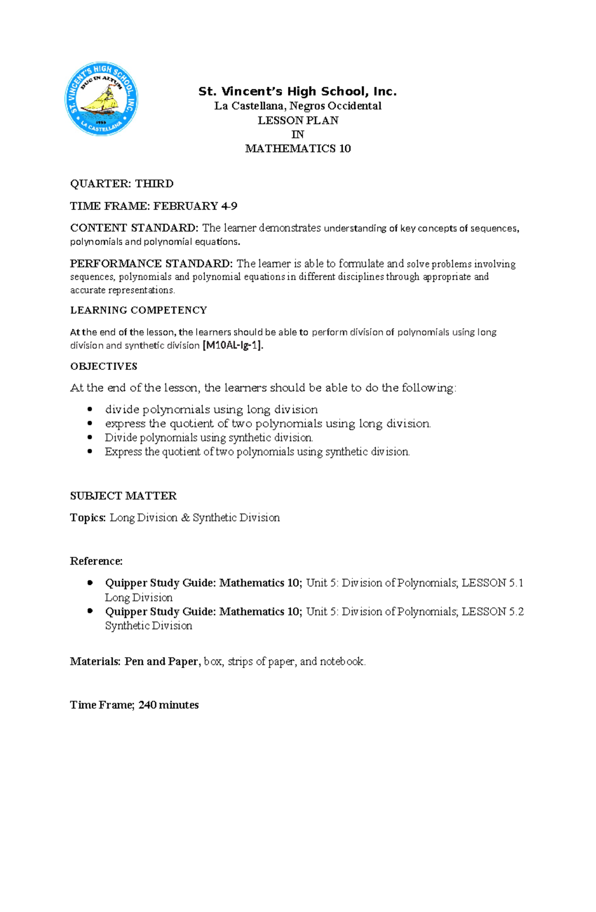Mathematics 10 Lesson Plan: Long & Synthetic Division Techniques - Studocu