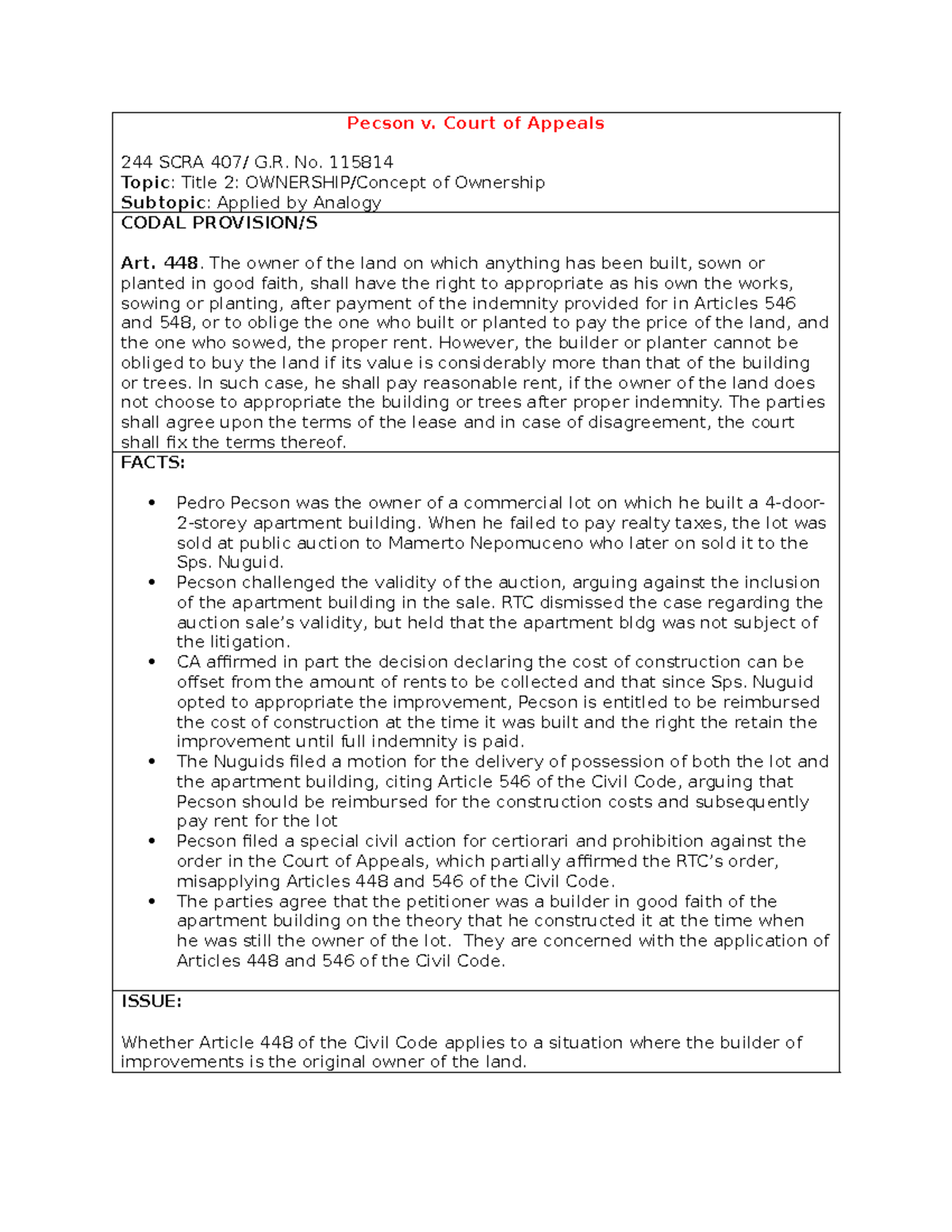 79. Pecson v. Court of Appeals: Ownership & Article 448 Insights - Studocu
