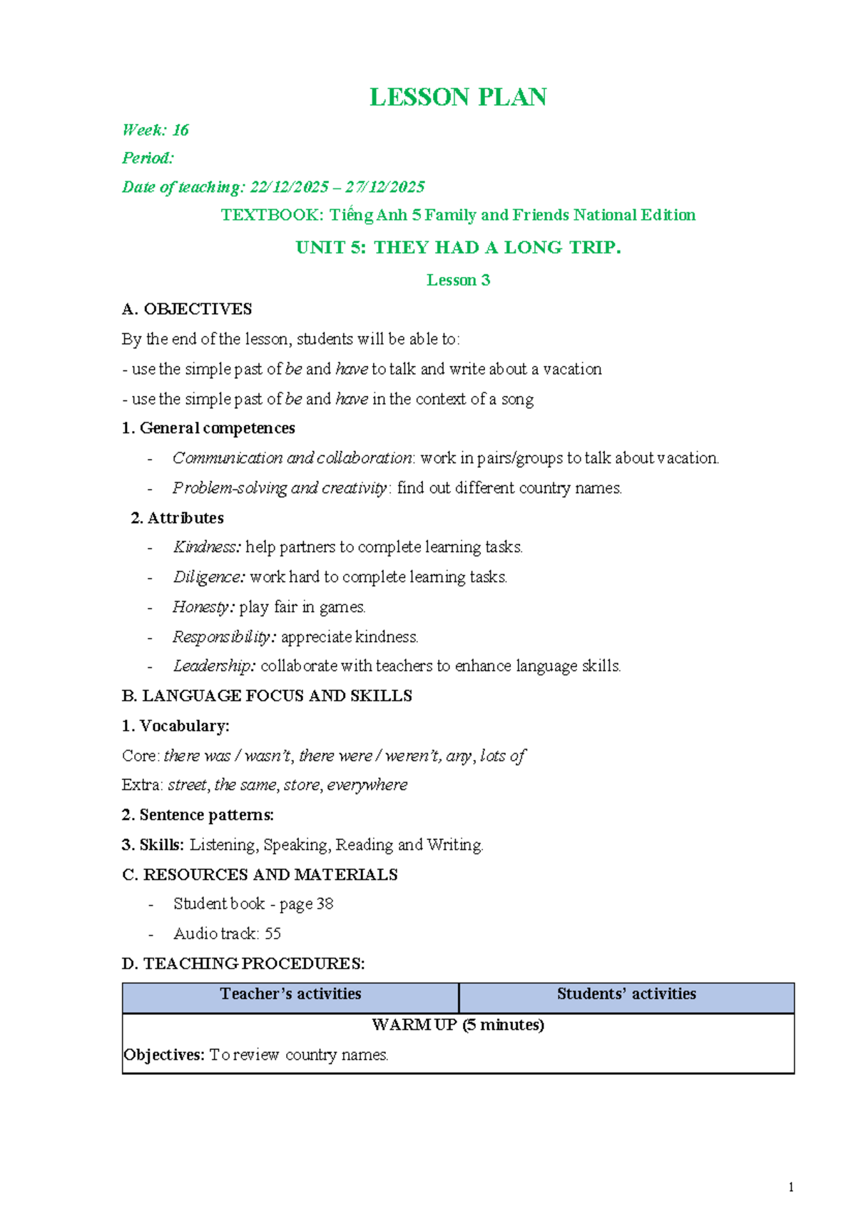 KHDH Tiếng Anh 5: Lesson Plan for Week 16 - Unit 5 Activities - Studocu