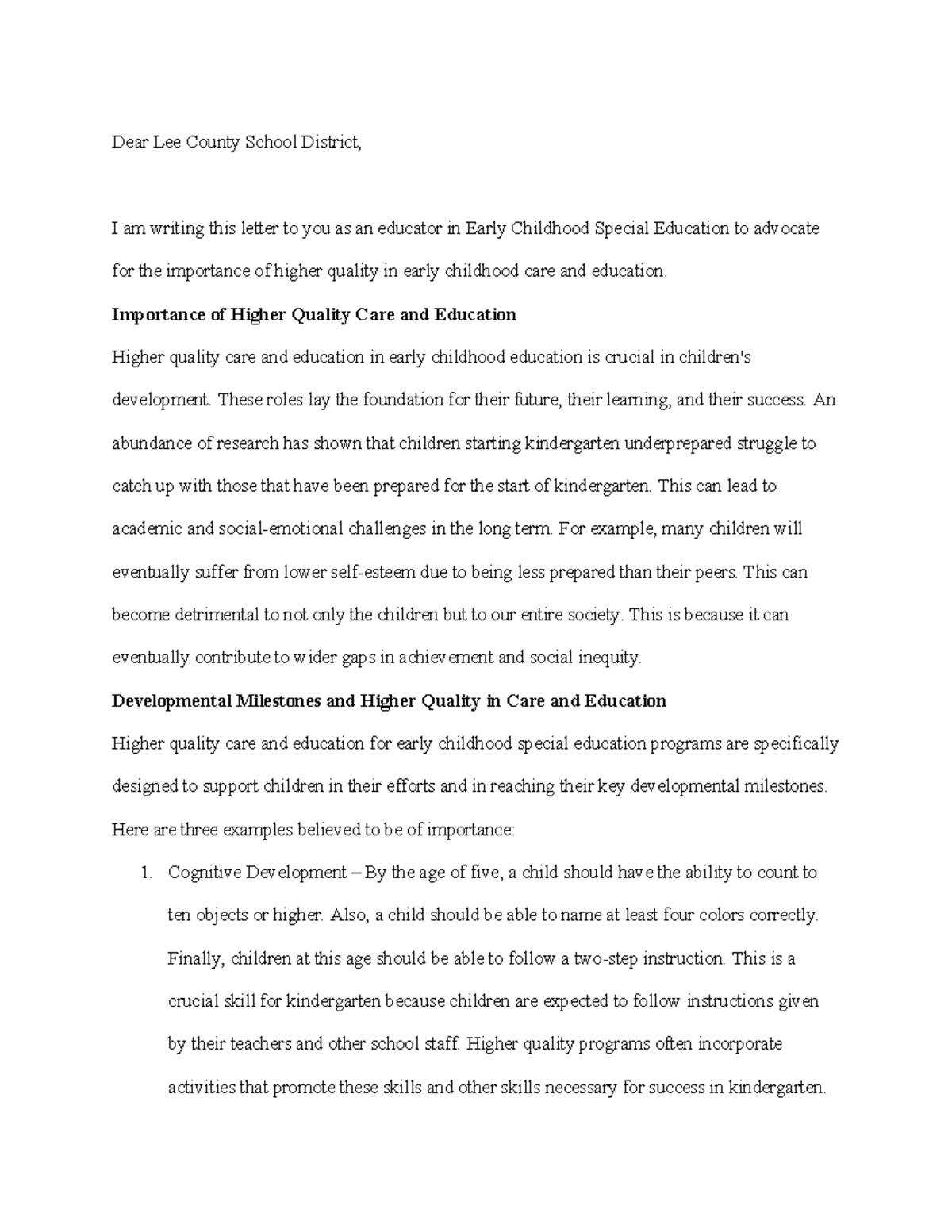 Advocacy Letter on Quality Care in Early Childhood Education ECS-125 ...